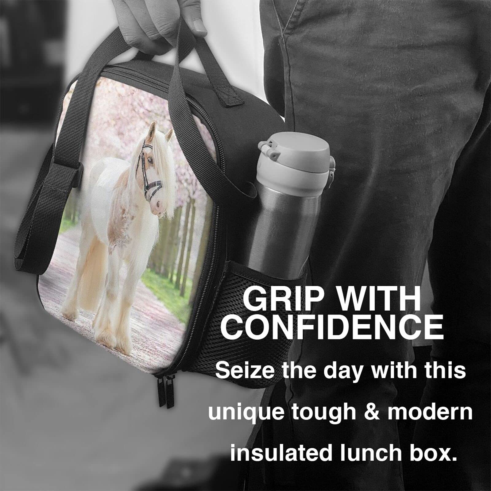 PrelerDIY White Horse Lunch Box - Insulated Lunch Box for Kids with Side Pocket & Shoulder Strap Lunch Bag, Perfect for School/Camping/Hiking/Picnic/Beach/Travel