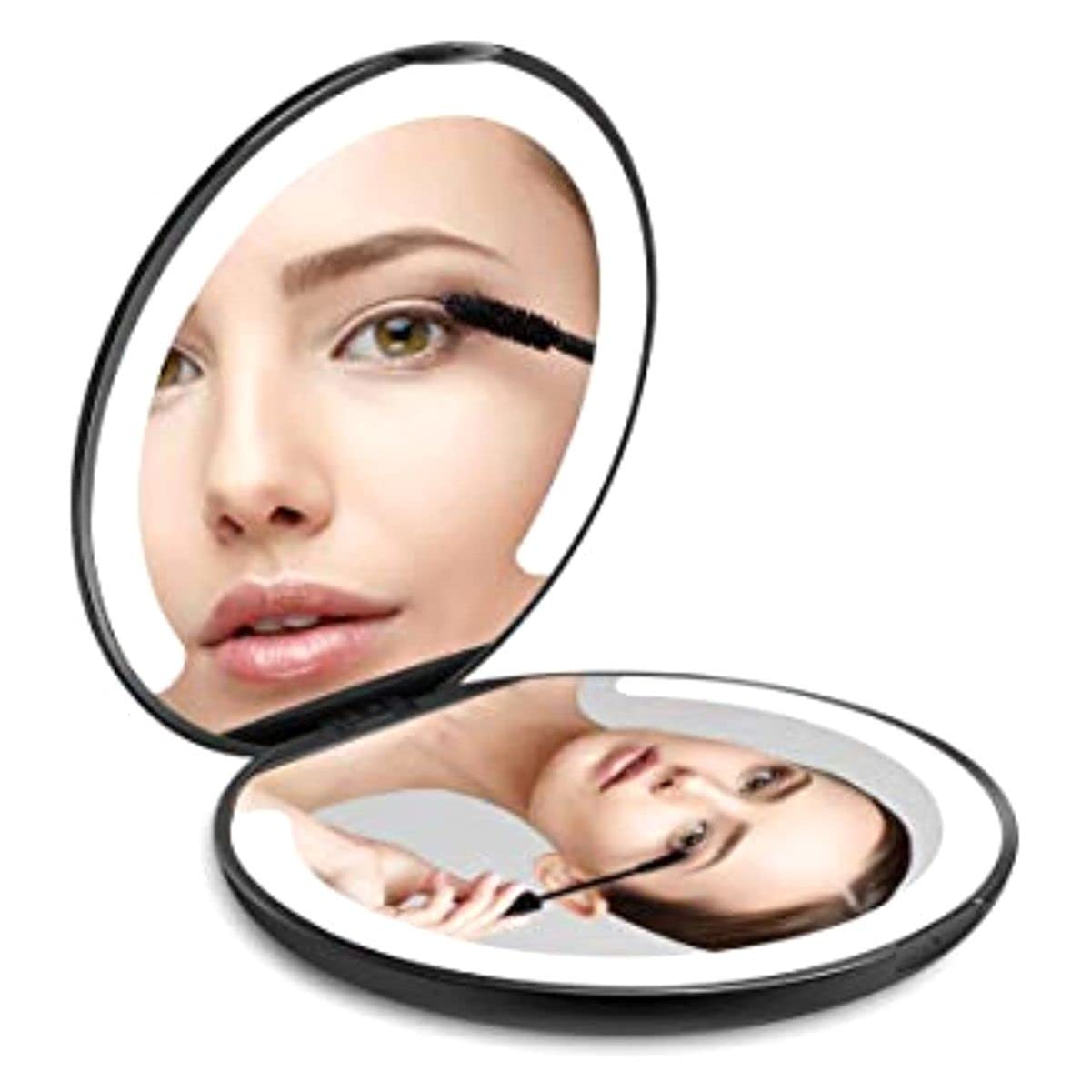 LED Lighted Travel Makeup Mirror Foldable, Dual Sided Vanity Mirror with Lights Portable Compact Illuminated Folding Tabletop Cosmetic Mirror, 1x/5x Large 4.9β Handheld Magnification Pocket Mirrors