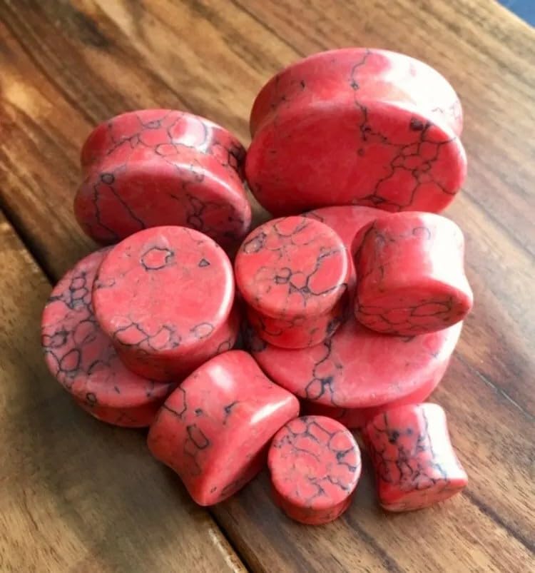 Lobal Domination PAIR of Red Turquoise Organic Stone Plugs Gauges - up to 38mm available! (7/8" (22mm))