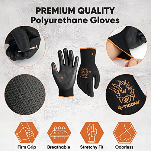 TICONN Work Gloves with Grip for Men and Women, All Purpose 3D Stretch Fit Slip Resistant PU Coated Grip Gloves (3 Pack, Medium)