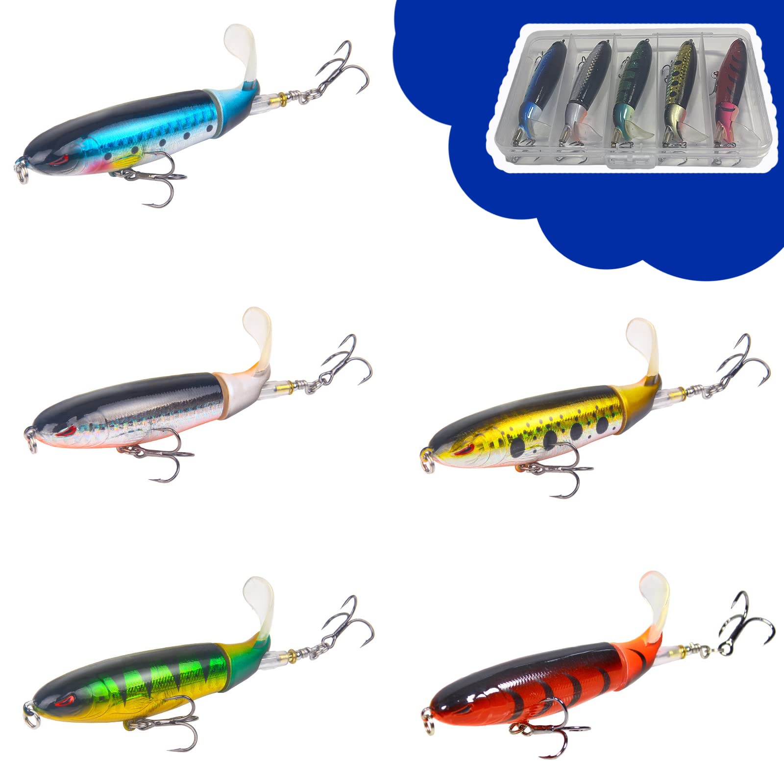 SAMLAM 5-Pack 13g,15g,35g, topwater Lures, Propeller Tail Like Surface Tractor with Floating Spinning Tail Puff Bass Lures Double Barb Lures for Fresh and Saltwater. (35g-A)