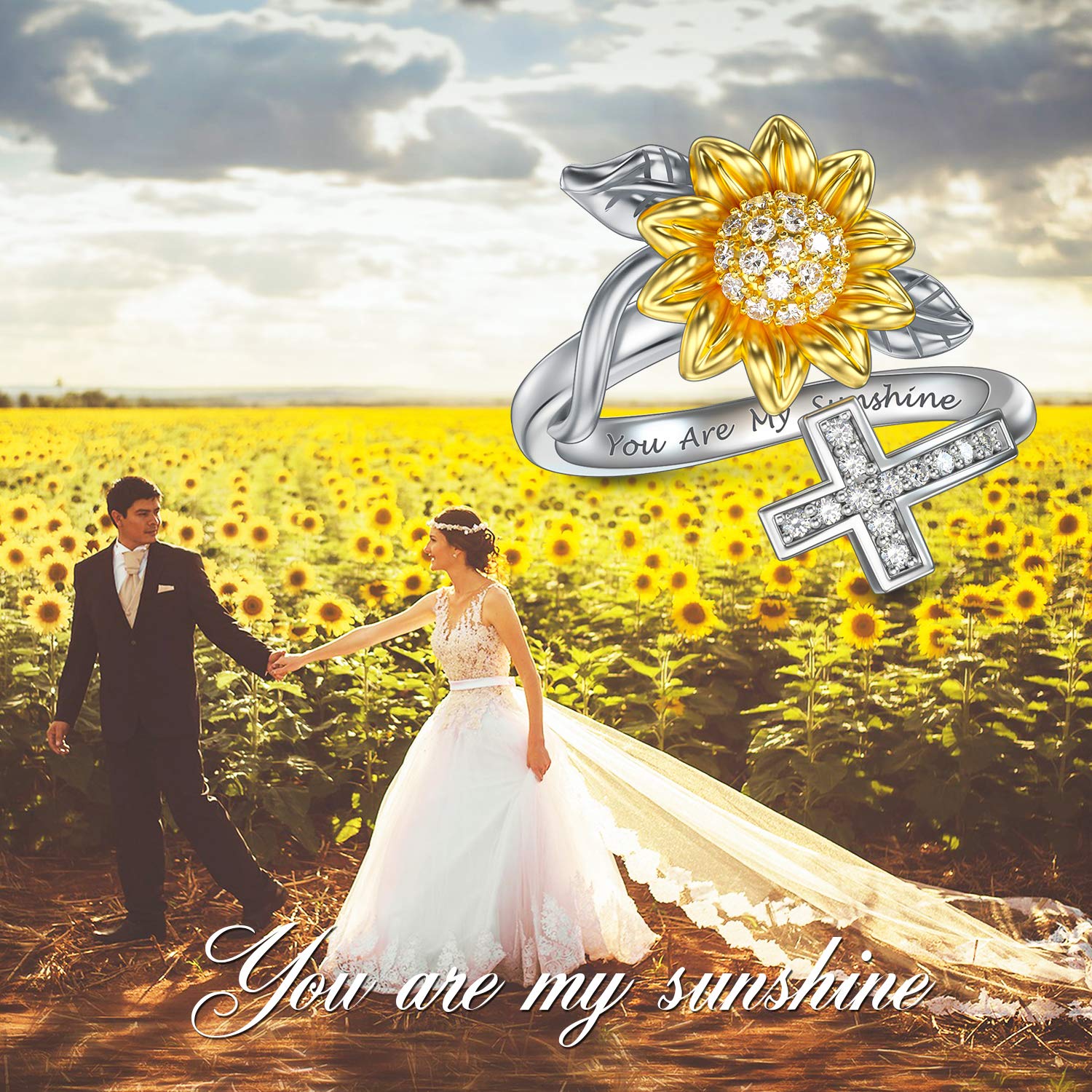LONAGO Sunflower Cross Ring 925 Sterling Silver You Are My Sunshine Adjustable Size Ring Religious Crucifix Jewelry Gift for Women (8)