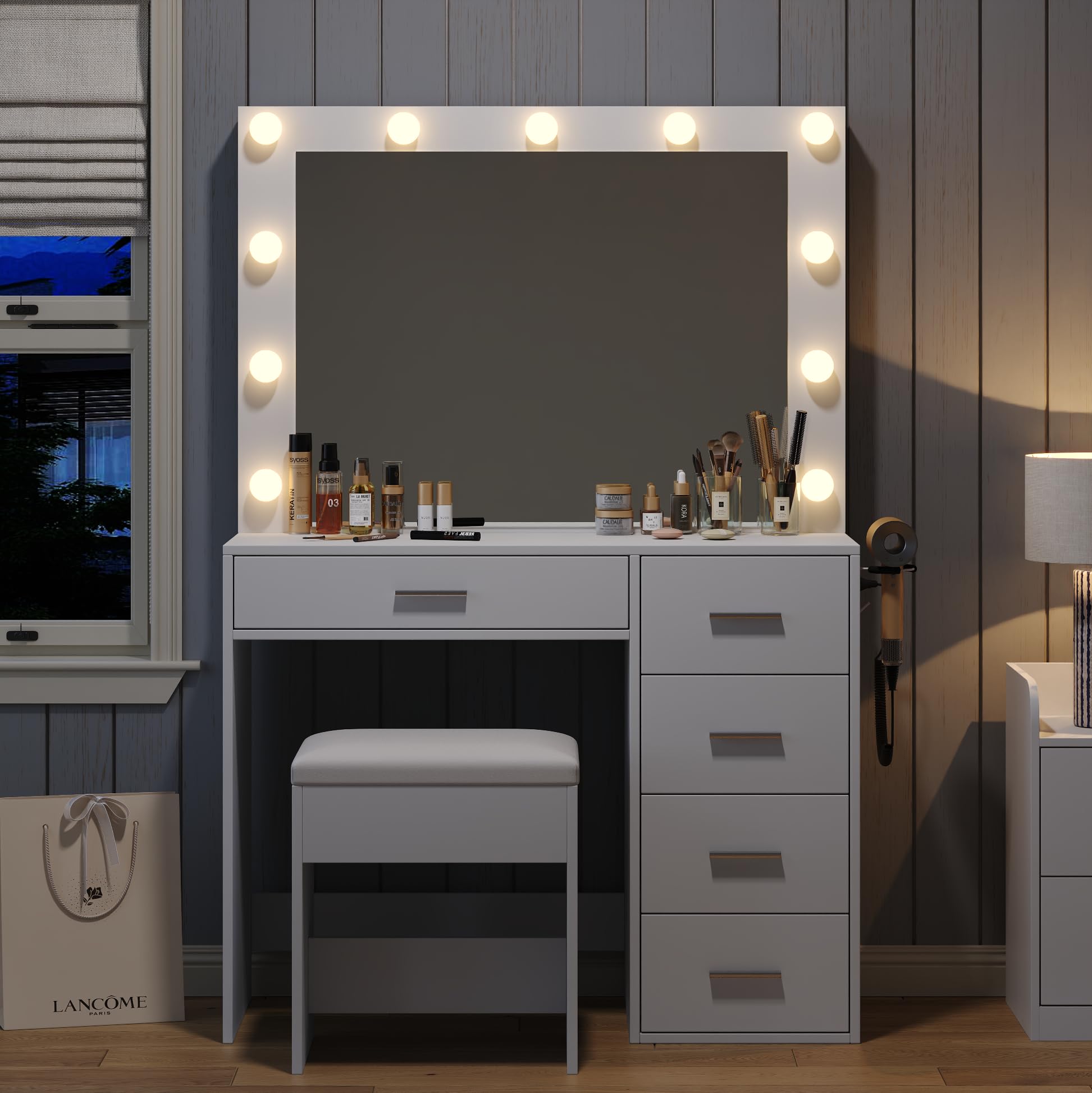 Yanosaku Vanity Desk with Power Outl,Makeup Table with Lighted Mirror, 3 Color Lighting Modes, Brightness Adjustable, Dressing Table with Drawers, Vanity Table Set for Women, Girls, White