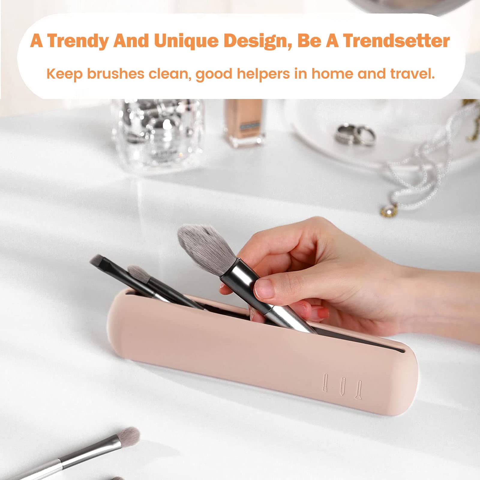 Travel Makeup Brush Holder, Silicone Trendy and Portable Cosmetic Face Brushes Holder, Soft and Sleek Makeup Tools Organizer for Travel, Waterproof Dustproof (Khaki)
