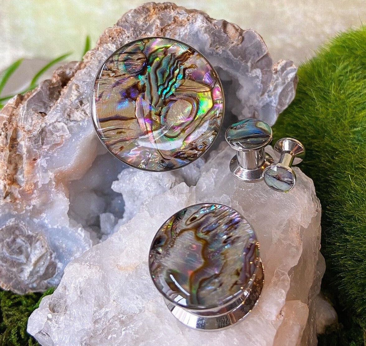 Lobal Domination PAIR Abalone Inlay Steel Screw Fit Plugs Tunnels Earlets Gauges Pierced Body Jewelry (6g (4mm))