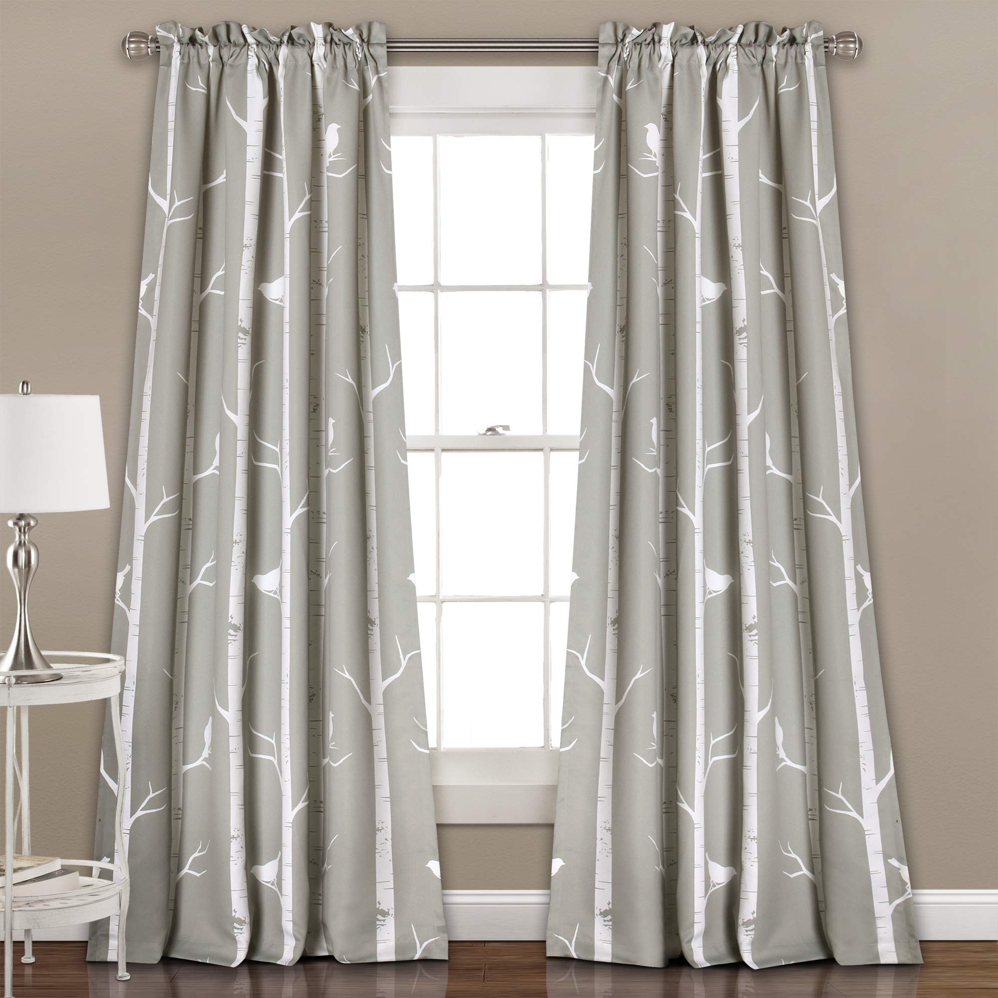 Lush Decor, Gray Bird On The Tree Curtains Room Darkening Window Panel Set for Living, Dining, Bedroom (Pair) 108" L x 52" W - Discontinued