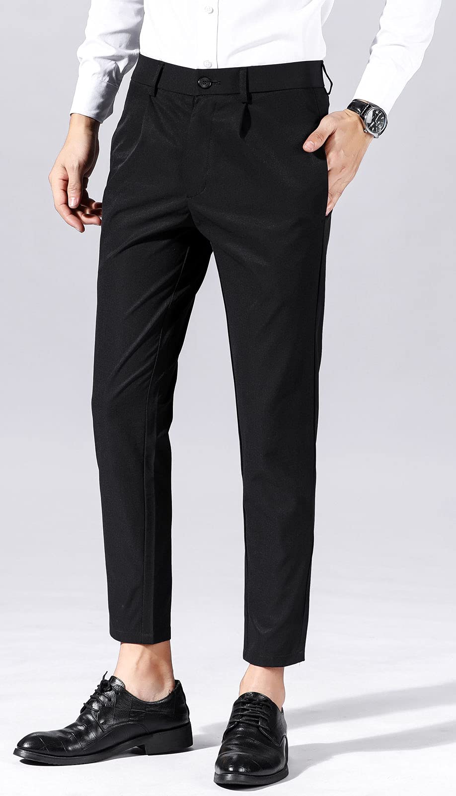 Plaid&Plain Men's Cropped Pants Slim Fit Dress Pants Uniform Pants Suit Pants for Men 662# Grey 34Wx26L