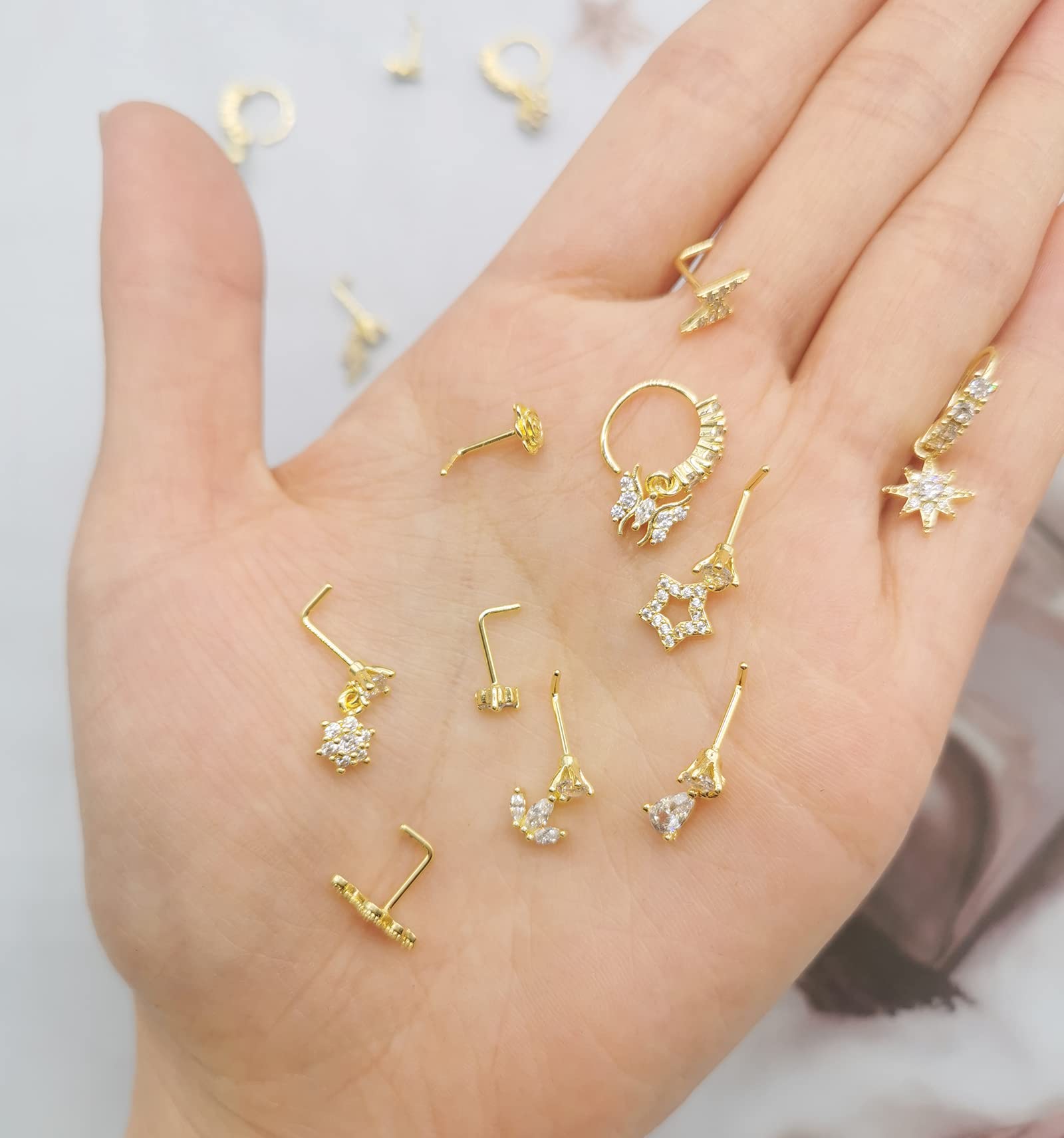 SAMOCO 20Pcs 20G Dangle Nose Ring L Shaped Dangling Stud for Women, CZ Flower Stainless Steel Studs Hoops Nose Piercing Jewelry(Gold)