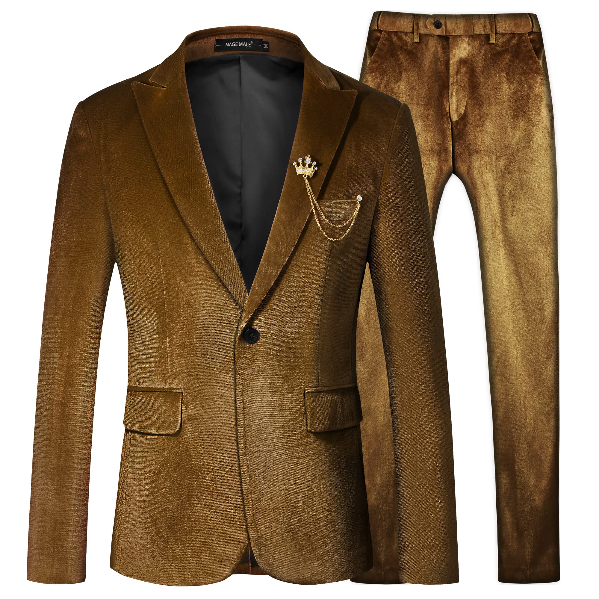 MAGE MALE Men's 2 Piece Velvet Suit One Button Tuxedo Slim Fit Luxurious Blazer Party Dinner Jacket & Pants Brown