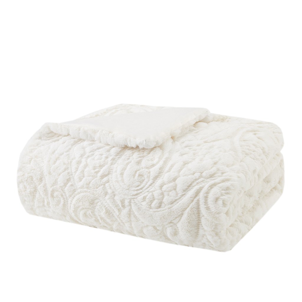Madison Park Norfolk Luxury Ultra Plush Down Alternative Throw Ivory 50x60 Paisley Premium Soft Cozy Long Fur For Bed, Couch or Sofa