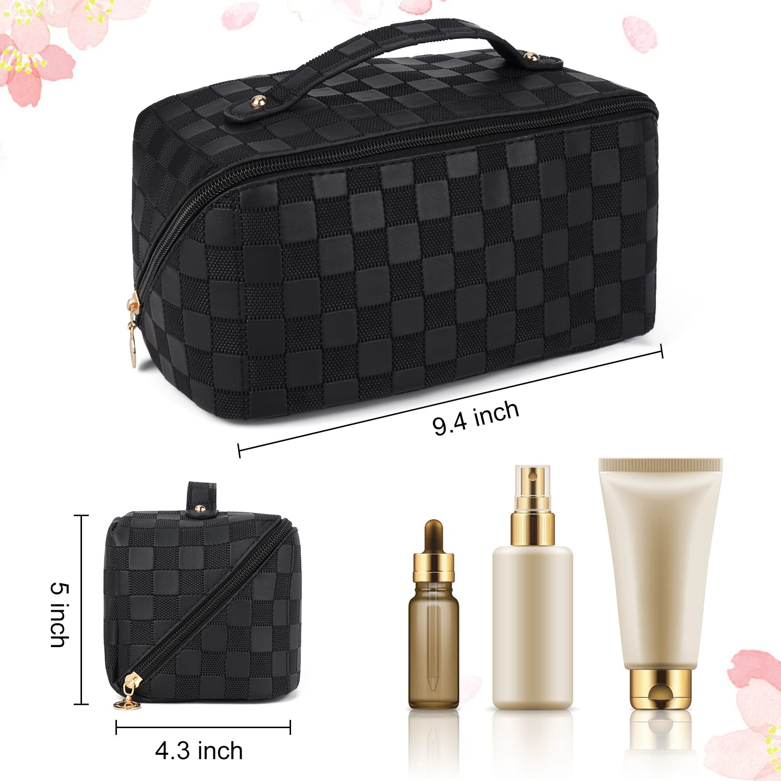 Travel Makeup Bag for Women Large Capacity Cosmetic Bag Waterproof Black Checkered Portable PU Leather Toiletry Bag Organizer Makeup Brushes Storage Bag with Dividers and Handle