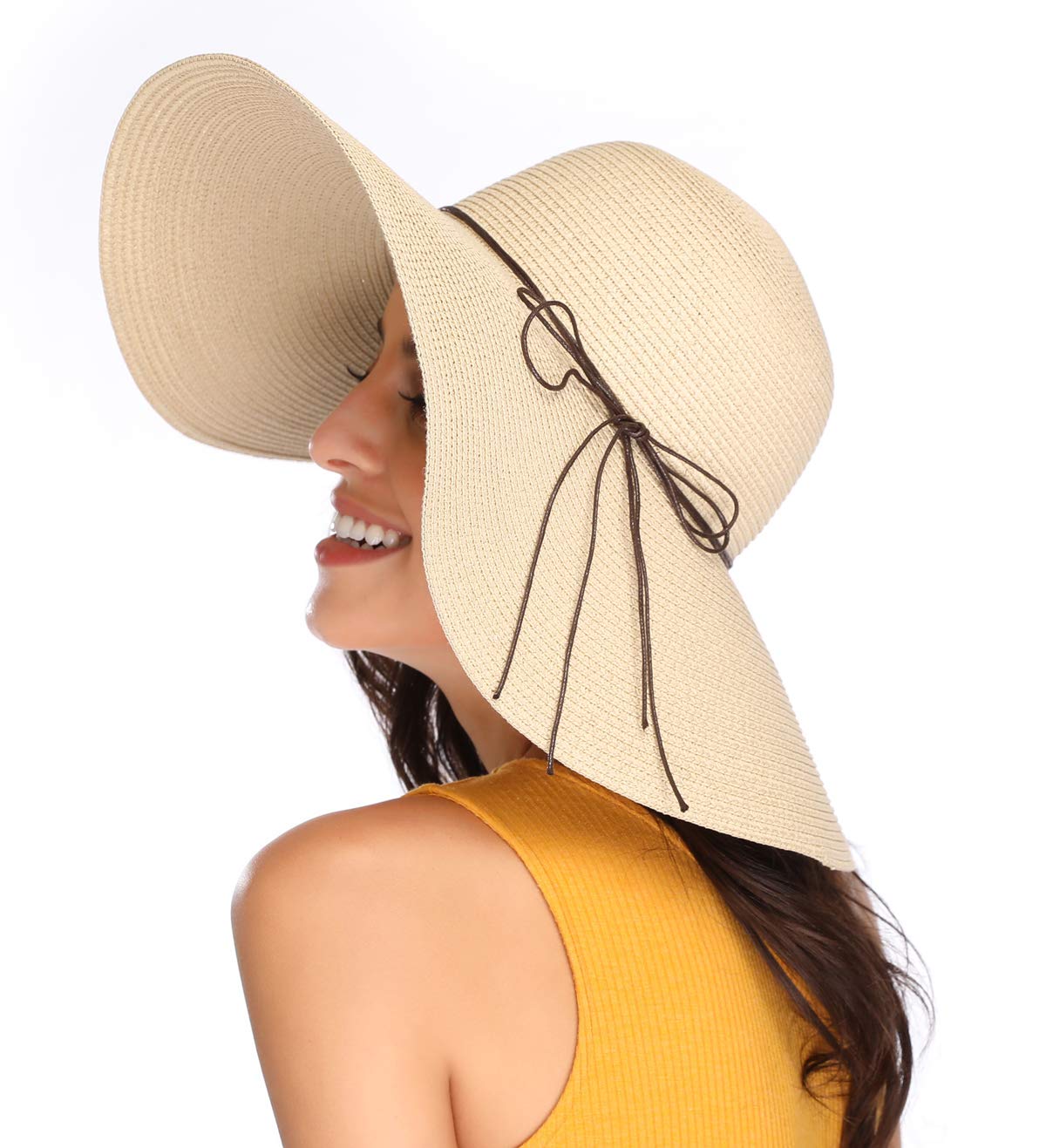Lanzom Womens Wide Brim Straw Hat Big Floppy Foldable Roll up Cap Beach Sun Hat UPF 50+(String-Beige)