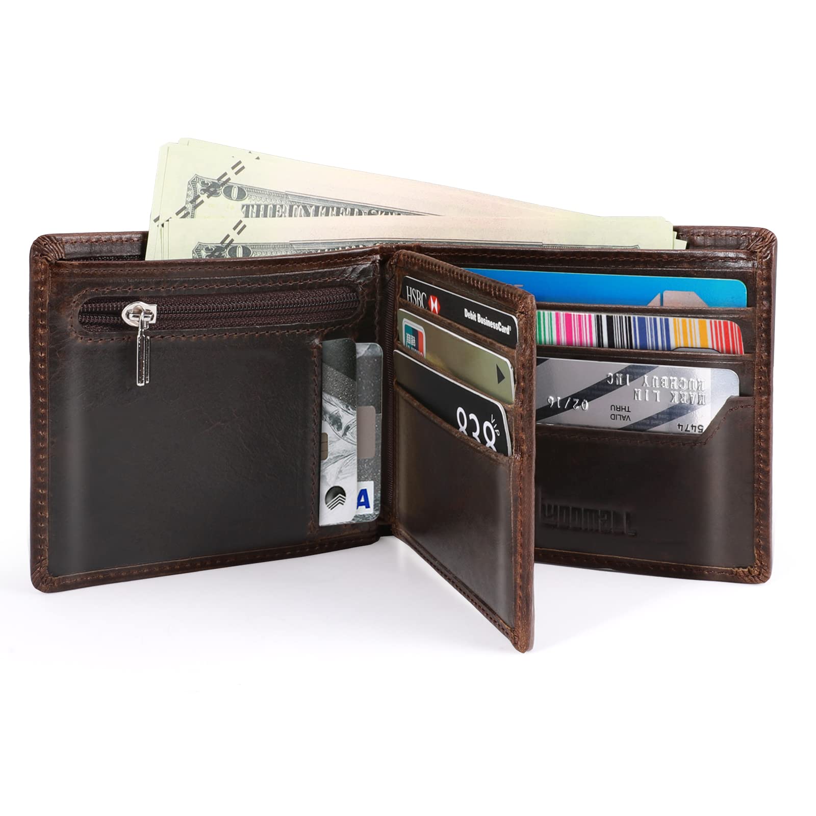 LYOOMALL Wallet for Men, Large Capacity Genuine Leather RFID Blocking Bifold Wallet/Credit Card Holder for Men, with Coin Pocket, Zipper Cash Pocket, ID Window and 10 Card Slots