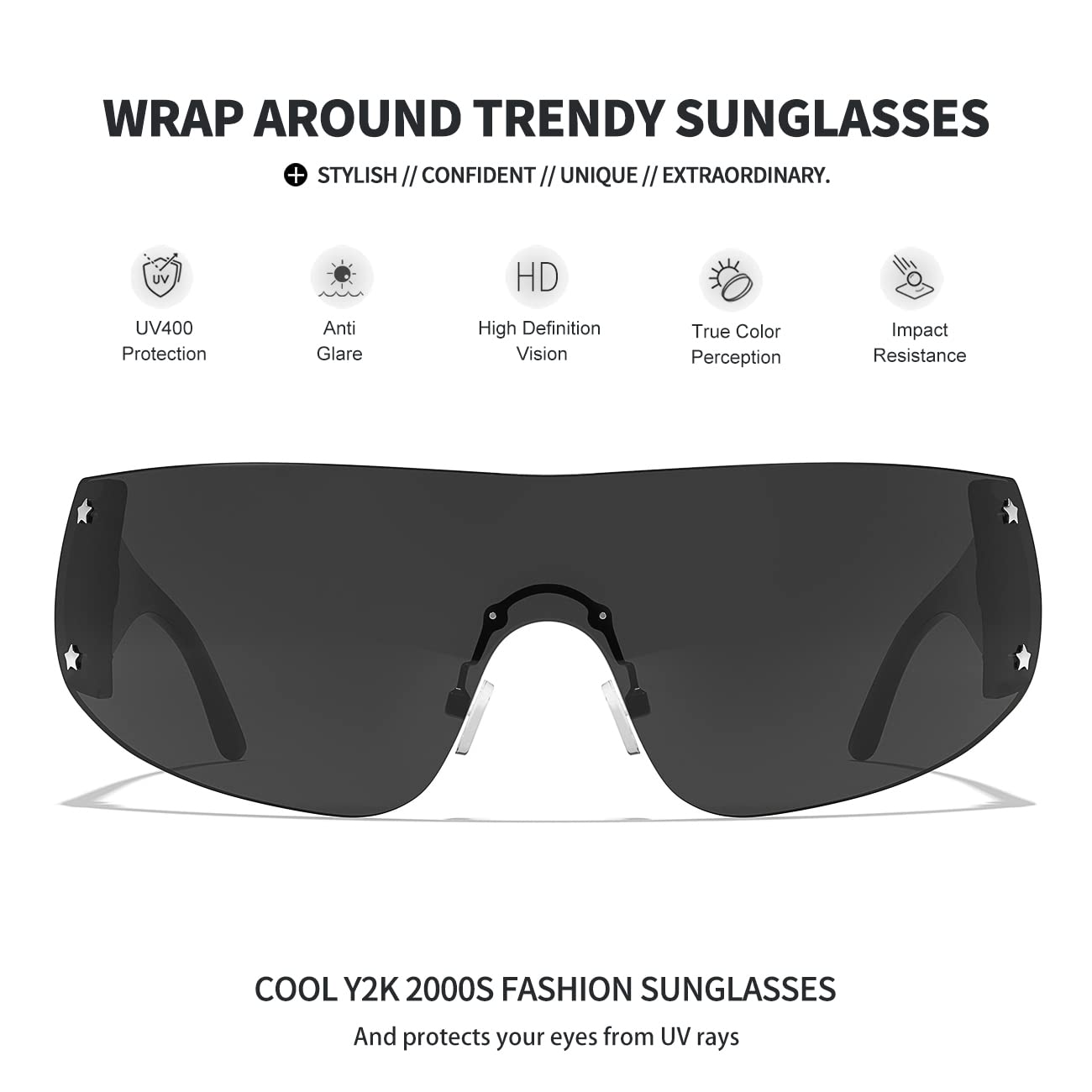Rimless Y2K Sunglasses for Women Men 2000s Wrap Around Sunglasses Trendy Oversized Shield Sun Glasses UV400 Protection