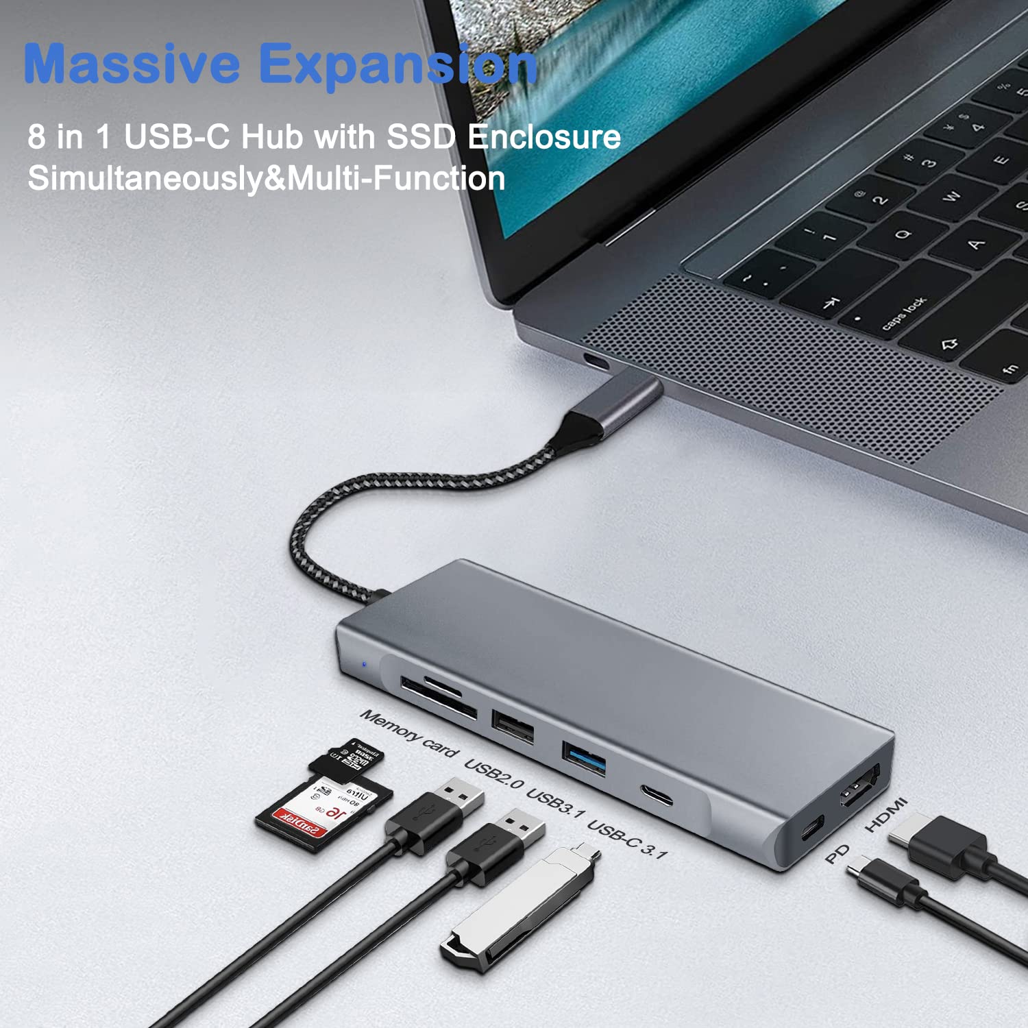 USB-C Hub with M.2 NVMe/SATA SSD Enclosure, 8 in 1 USB C Hub Adapter Fits PCIe 3.0 NVMe M.2 SSD,2.5-inch SATA HDD with 4K HDMI,10Gbps USB-C 3.1&USB 3.1,USB 2.0,SD/Micro SD,100W PD Compatible with XPS