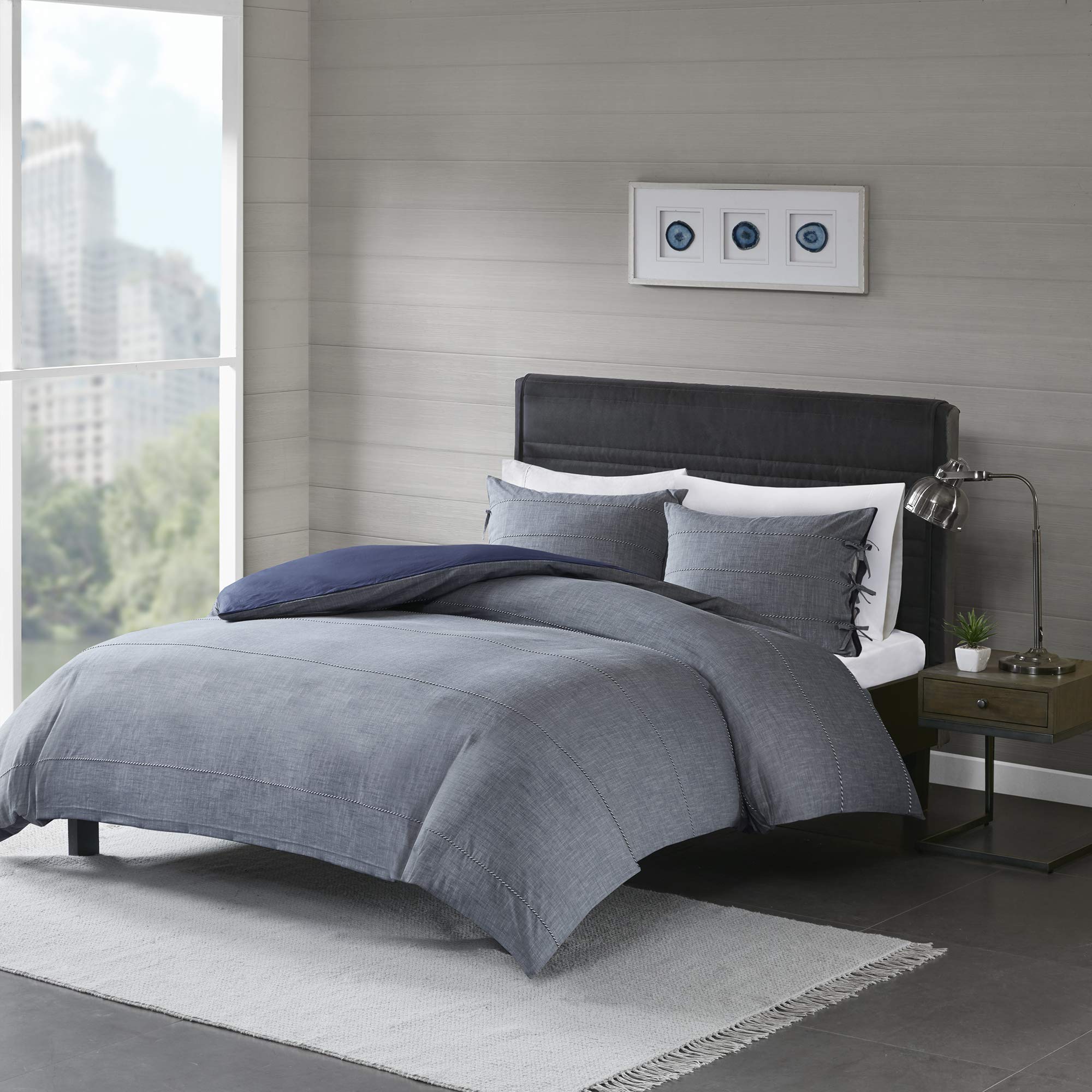 Madison Park Raven 3 Piece Cotton Yarn Dye Duvet Cover Bedding Set, Full/Queen Size, Denim Blue