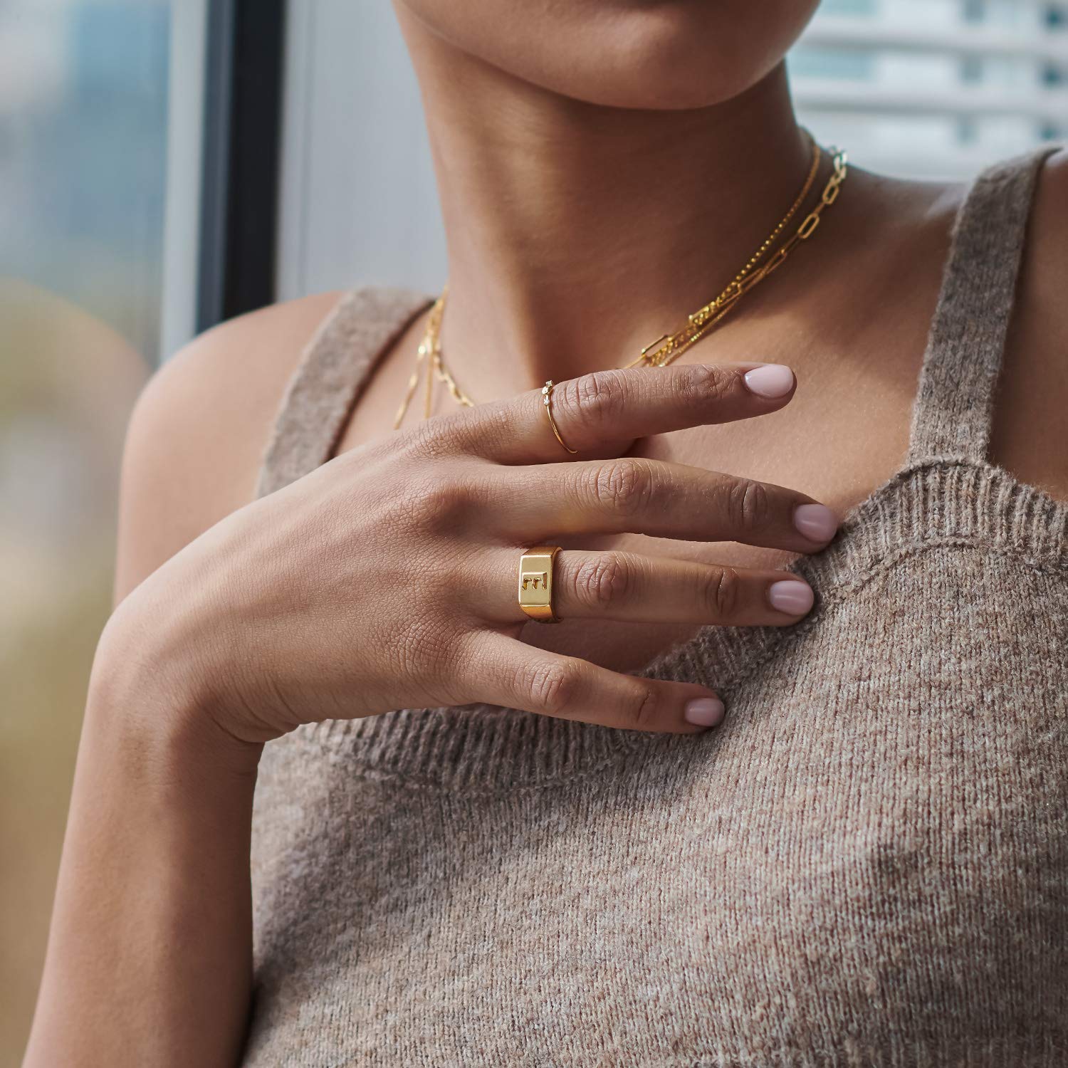 Oak&Luna Ayla Square Personalized Initial Signet Ring - Gold Plated Sterling Silver - Hand Made Custom Gift for her (18K Gold Plated Sterling Silver)