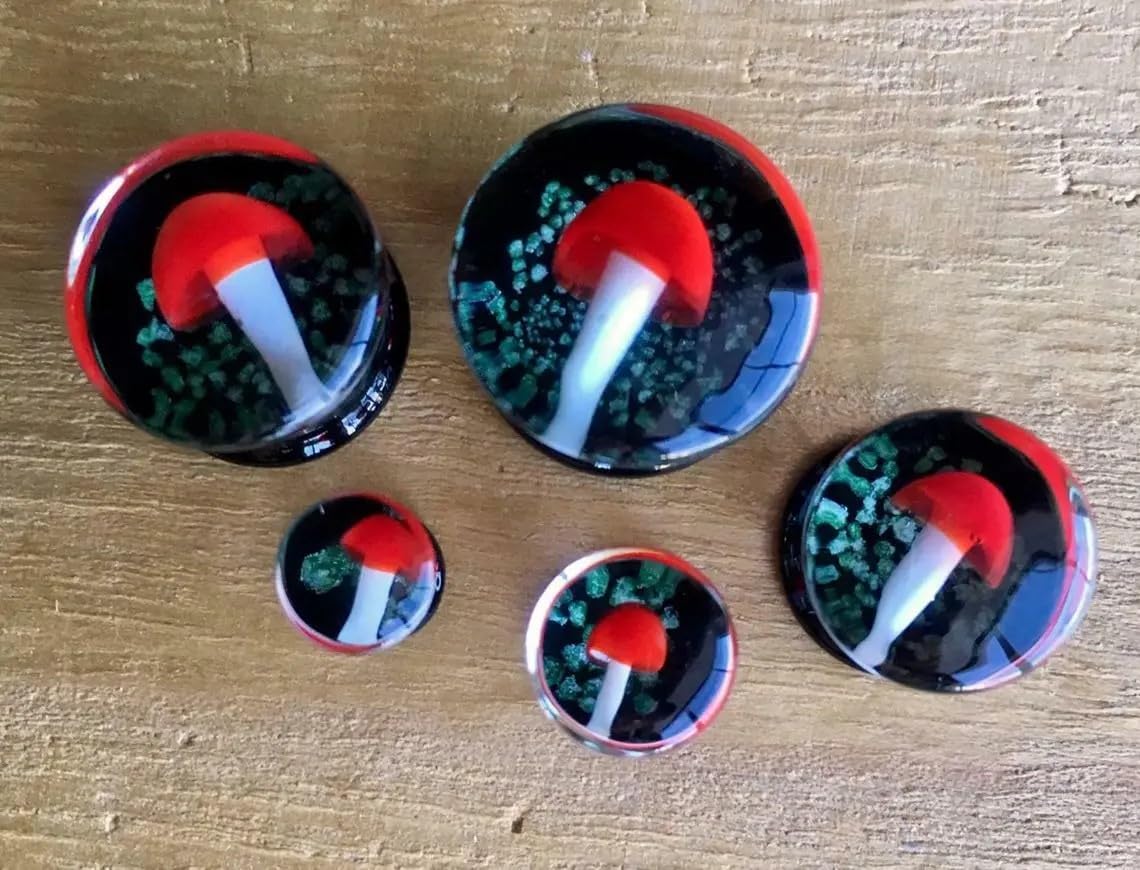 Lobal Domination PAIR of Floating Red Mushroom Pyrex Glass Double Flare Plugs with Glow in the Dark Background (8mm (0g))