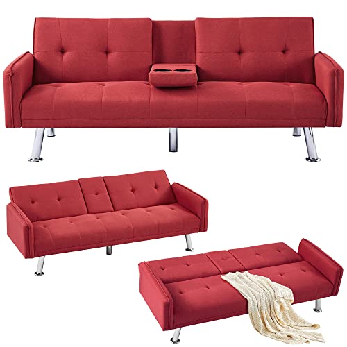 Lamerge Futon Sofa Bed,Convertible Upholstered Folding Sofa,Multi-Functional Sofa Couch for Compact Small Space,Apartment,Dorm,2 Cup Holders,72.4",Red (LFSB-R)