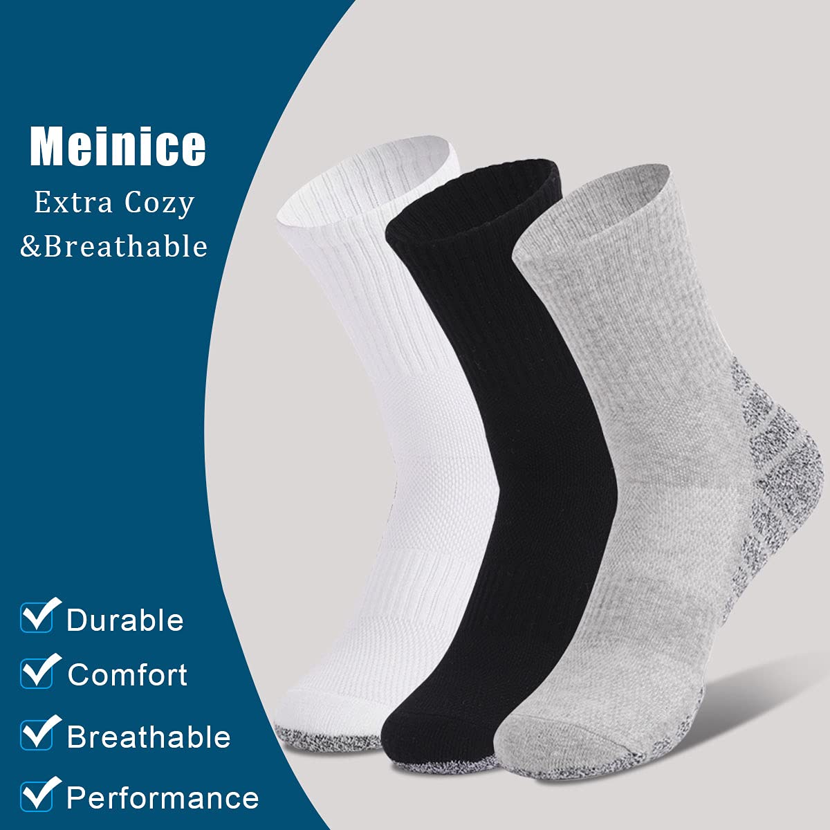 Meinice Athletic Crew Socks 6 Pairs Cushion Running Socks Sport Wicking Socks for Women/Men(L,White)