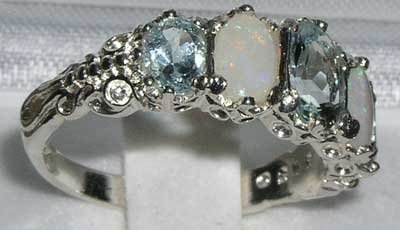 LetsBuyGold 925 Sterling Silver Real Genuine Aquamarine and Opal Womens Promise Ring - Size 9