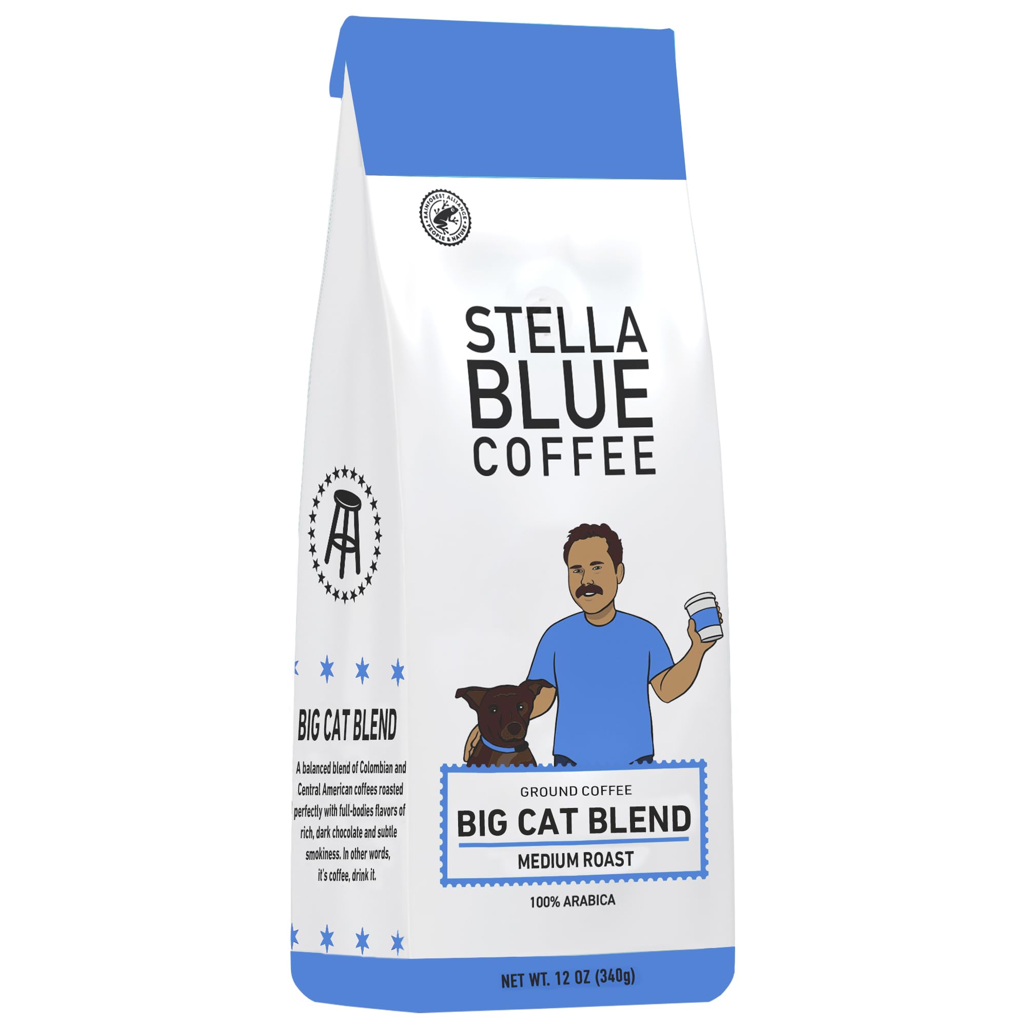 Stella Blue Fresh Ground Coffee - Big Cat Blend - 100% Arabica MEDIUM Roast - Ethically & Sustainably Sourced from Central America - Helps Support PAWS Chicago - 12 ounce Bag