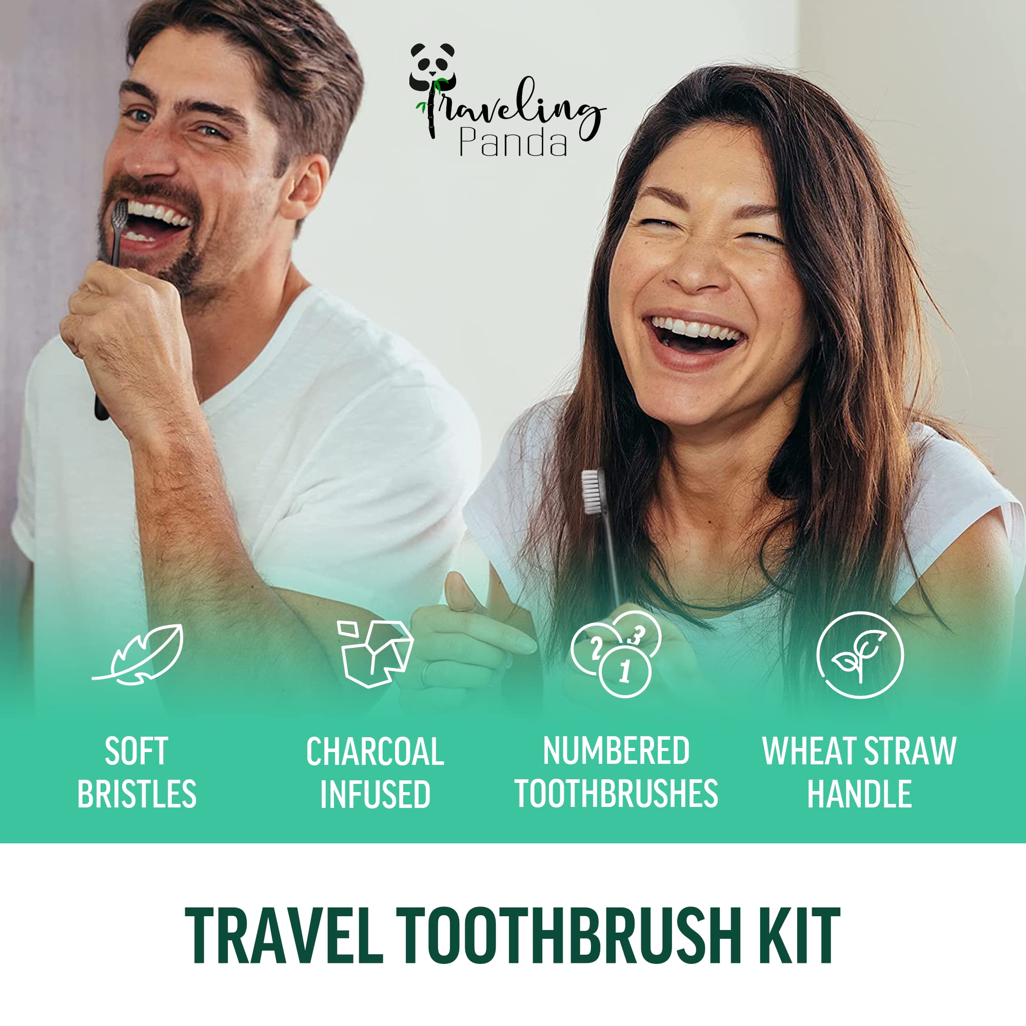 Traveling Panda Wheat Straw Toothbrushes, Charcoal Infused Soft Bristles Whitening, Travel Toothbrush Kit, Includes Brushes and Mint Toothpaste Tablets, 2 Large Brushes, 20 Tabs