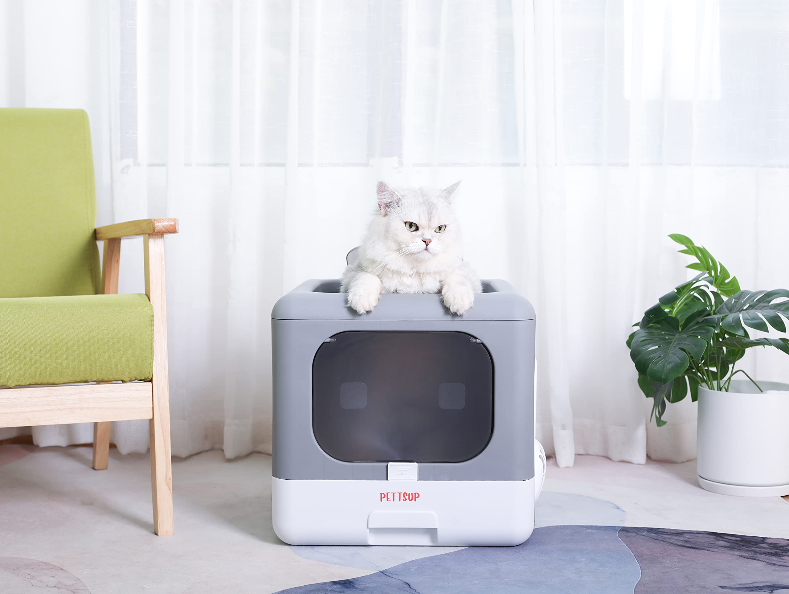 Pettsup Cute Cat Litter Box (Cube Robot), with Front and Top Entry Door, Enclosed Kitty Litter Box with Lid, Modern Litter Box Furniture for Indoor Cats (Grey)