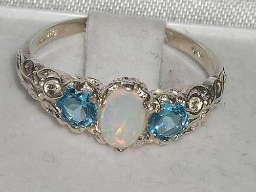 LetsBuyGold 925 Sterling Silver Natural Opal and Blue Topaz Womens Promise Ring - Size 6.5