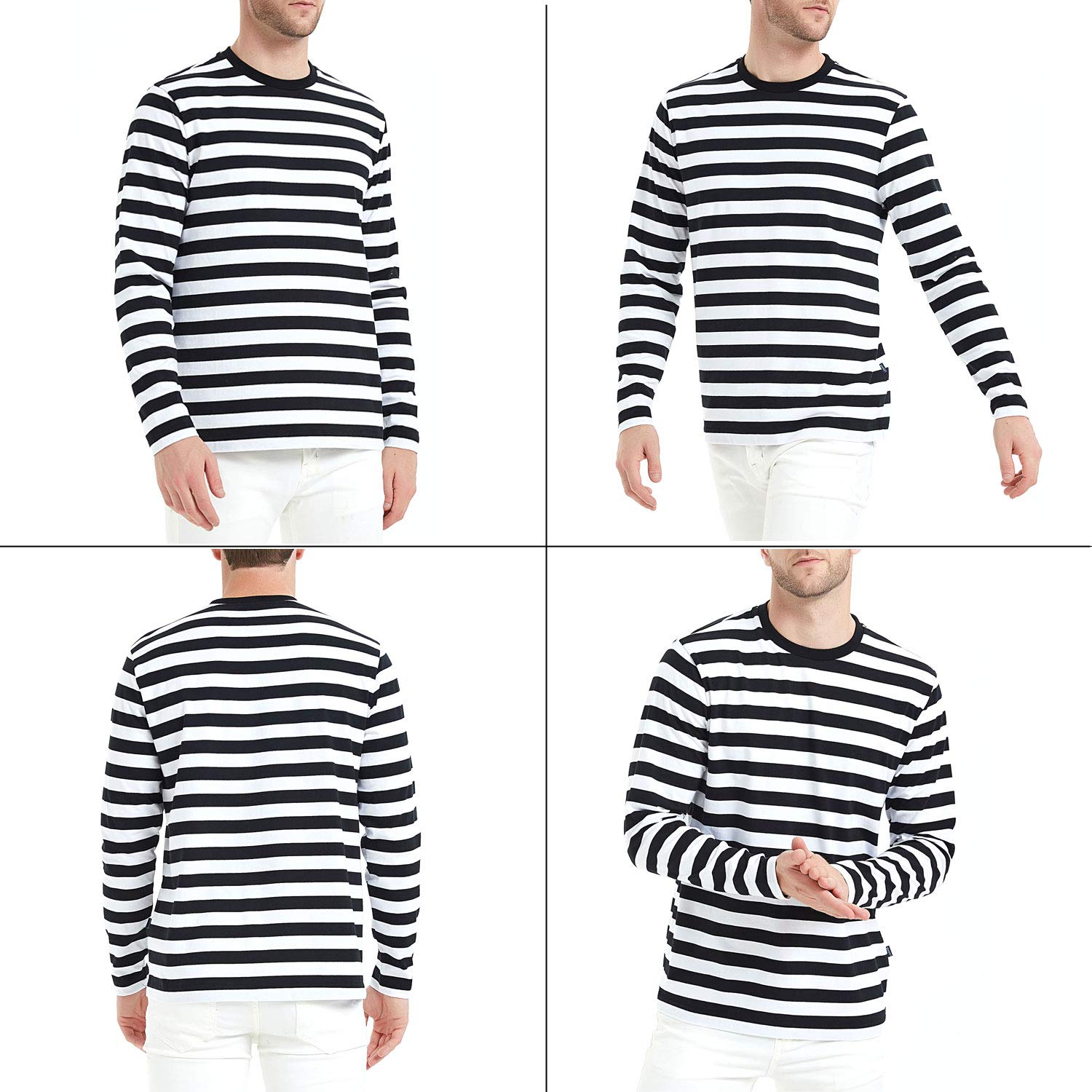 LEDING Mens Shirt Black White Casual Cotton Spandex Striped Crewneck Long-Sleeve T-Shirts Basic Pullover Striped Men