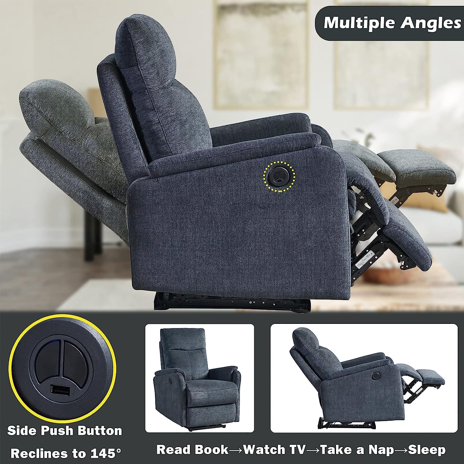 LAMXO Electric Power, Small Recliners on Clearance,Living Room Single Sofa, Home Theater Seating with USB Port,Ergonomic Lounge Chair,Dark Grey