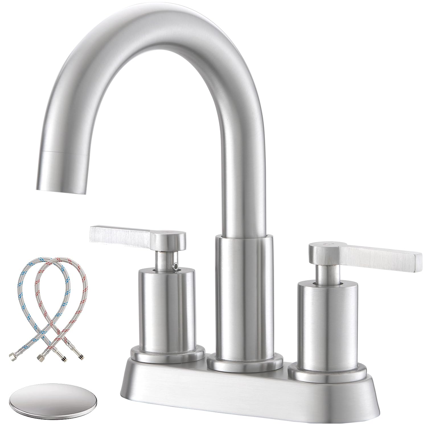 RAINMAX Bathroom Faucets, Brushed Nickel Bathroom Sink Faucet,3 Hole Bathroom Faucet,2-Handle RV Lavatory Vanity Faucet with Pop Up Drain and Supply Lines KMBF004L-1
