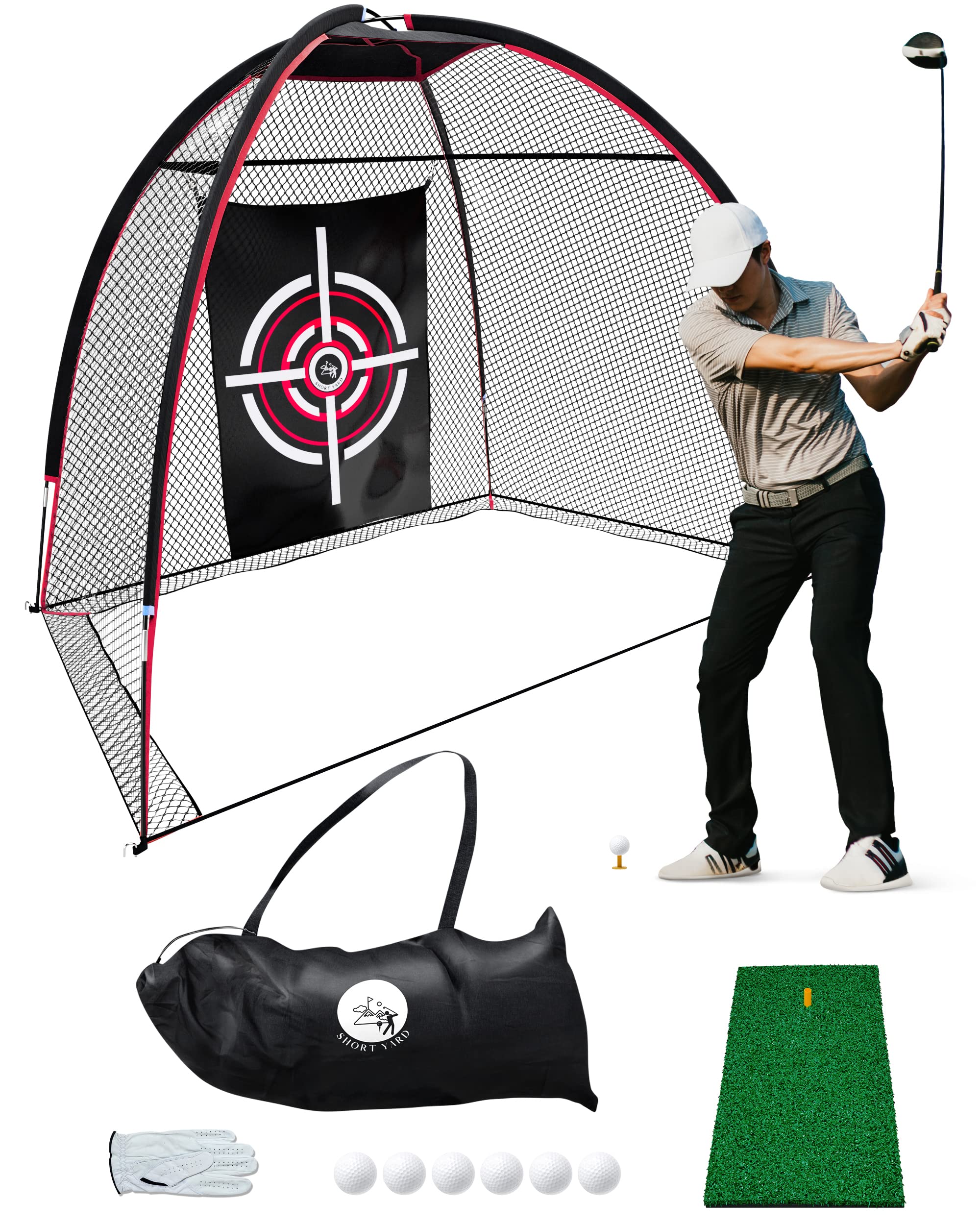 Shortyard Nylon Indoor Golf Nets for Backyard Driving Practice - 10x5.6x6.8 FT Golf Practice Nets for Backyard - 5Ply Knotless Golf Hitting Net with Mat - Golf Nets for Indoor Use Comes with Bag