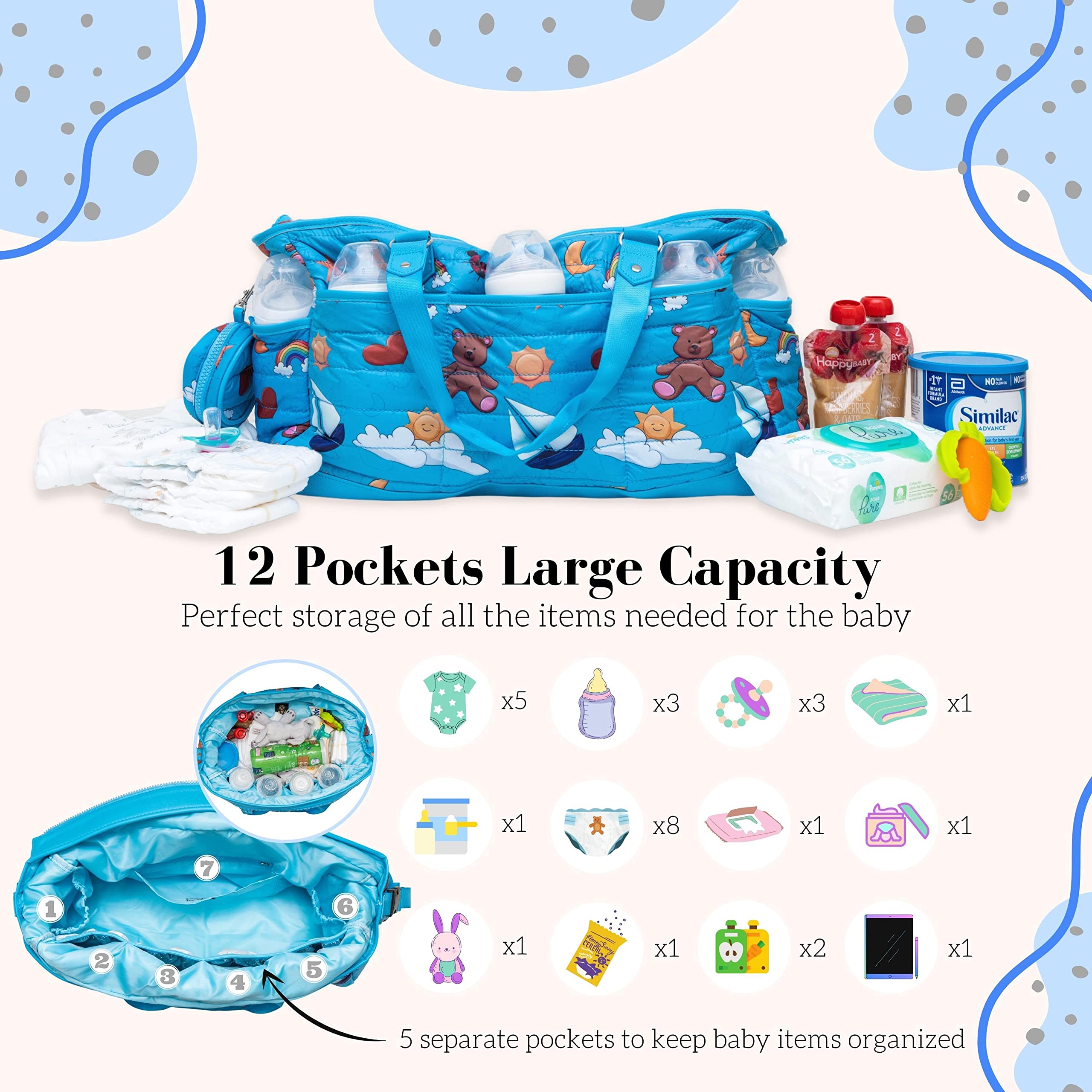 V & V LABEL VVVV Baby Diaper Bag Tote| Luxury Maternity Bag with Exclusive Pattern Design with Changing Pad, Pacifier Case, Organizing Bag| Baby Registry Ideas| Baby Shower