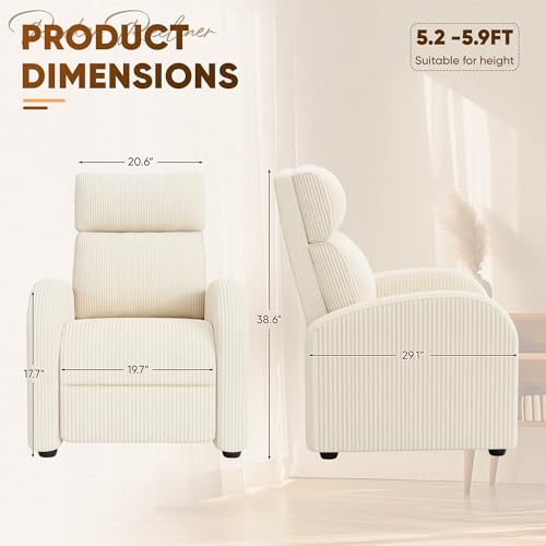 YESHOMY Recliner Chair for Adults, Adjustable Modern Single Sofa with Padded Seat Backrest for Living Room, with Lumbar Support, Beige