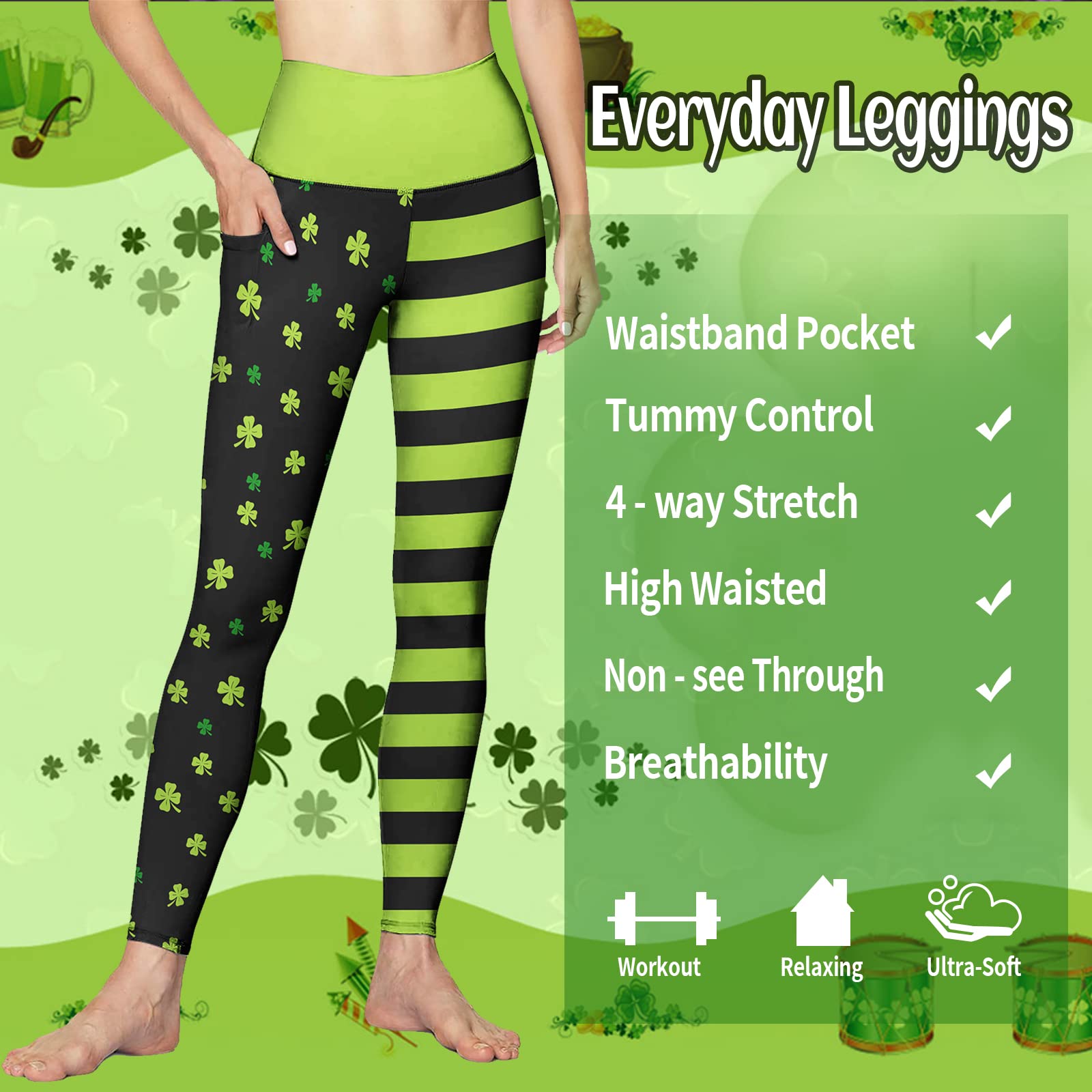 SKYNORA Women's Christmas Tummy Control High Waisted Workout Running Yoga Pocket Pants, St. Patrick's, Large