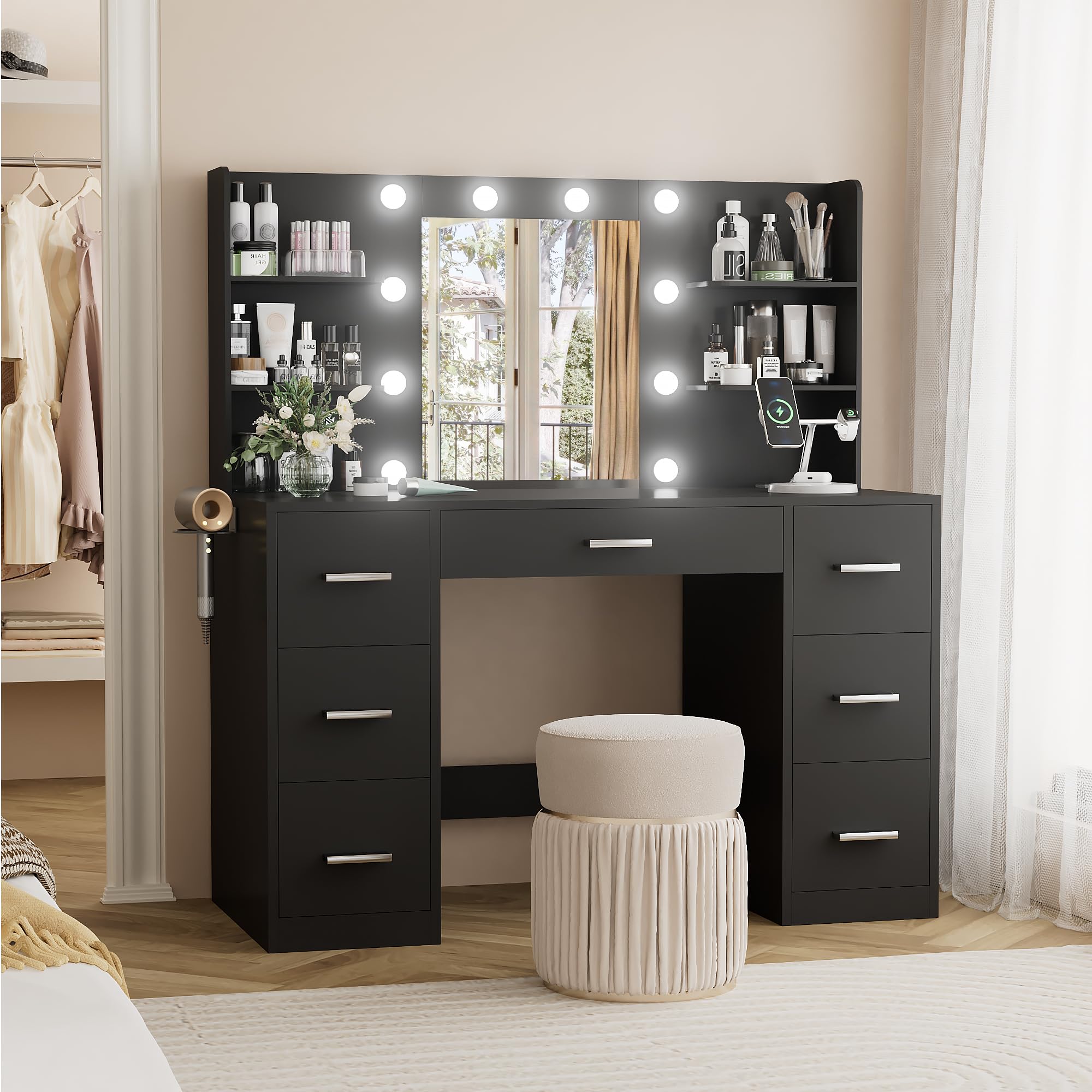 YESHOMY Vanity Desk with Mirror, Makeup Table with 2 Large Drawers, Power Outlet and Round Holder, 3 Color Modes Adjustable Bulb, Bench Included, White