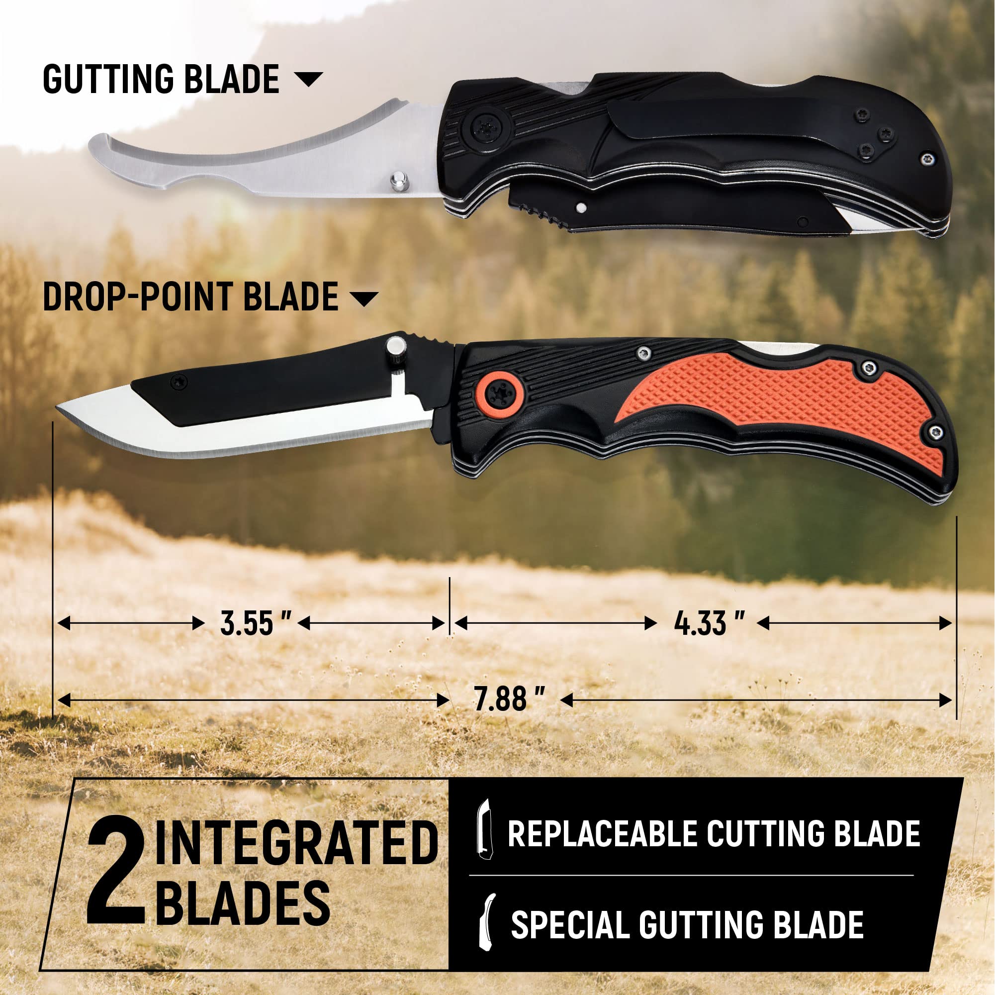 Lancergear Hunting Knife, Skinning Knife, Outdoor Pocket knives with Replaceable 3.5'' Blades, Deer knife, Folding Double-Blade Knife
