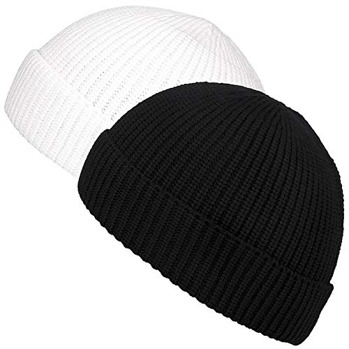MaxNova Knit Cuff Short Fisherman Beanie Hat for Men Women Winter (2pack white/black)