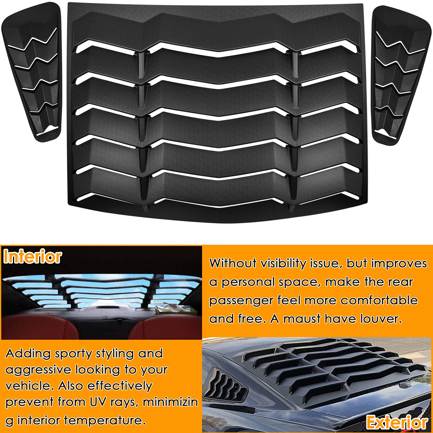 Rear + Side Window Louvers Fit for Ford Mustang 2005-2014 Scoop Sun Shade Windshield Covers GT Lambo Style Fit All Weather (Gloss Black)