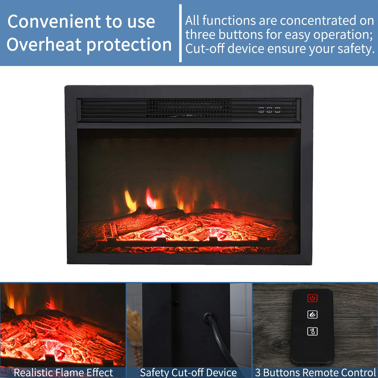 PatioFestival 24 Inch Electric Fireplace Insert 1400W Embedded&Freestanding Realistic Log Flame Effect Heater with Remote Control, 3 Adjustable Flame, Overheating Protection