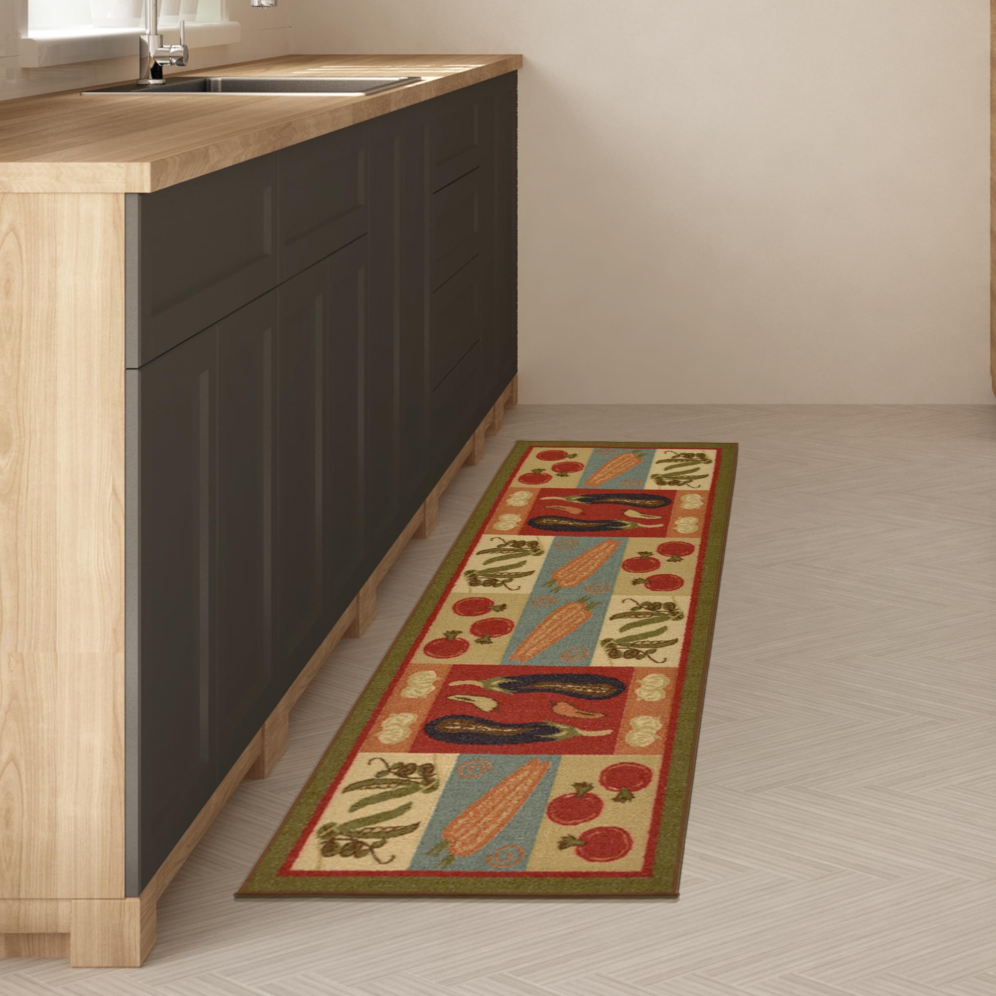 Machine Washable Vegetables Design Non-Slip Rubberback 2x5 Indoor Kitchen Runner Rug for Hallway, Kitchen, Living Room, Bedroom, Entryway, 20" x 59", Olive Green
