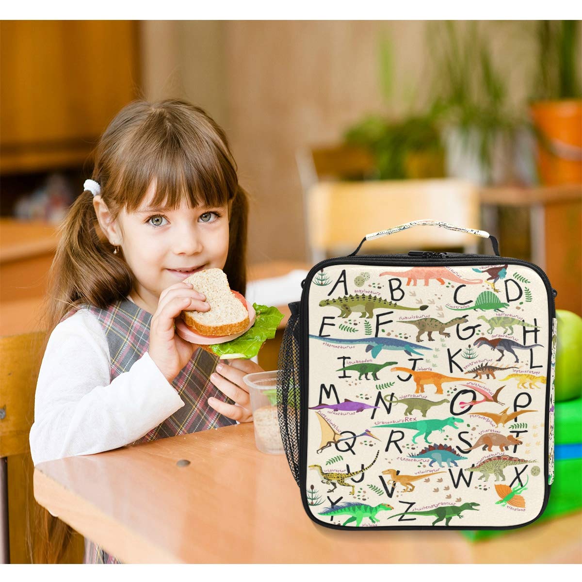 Pfrewn Dinosaur Lunch Box Alphabets With Dinosaurs Lunch Bag Insulated Reusable Cooler Meal Prep Bags Dino Animals Lunch Tote with Shoulder Strap for School Kids Boys Teens Office Adults