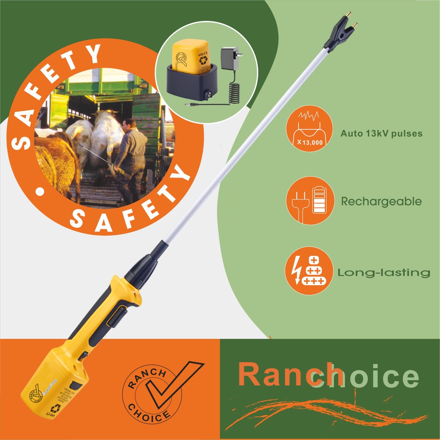 RANCH CHOICE Rechargeable Livestock Prod for Cows Electric Cattle Prod for Cow Dog prod Animal prod with Flexible Shaft (Total 43 INCH)