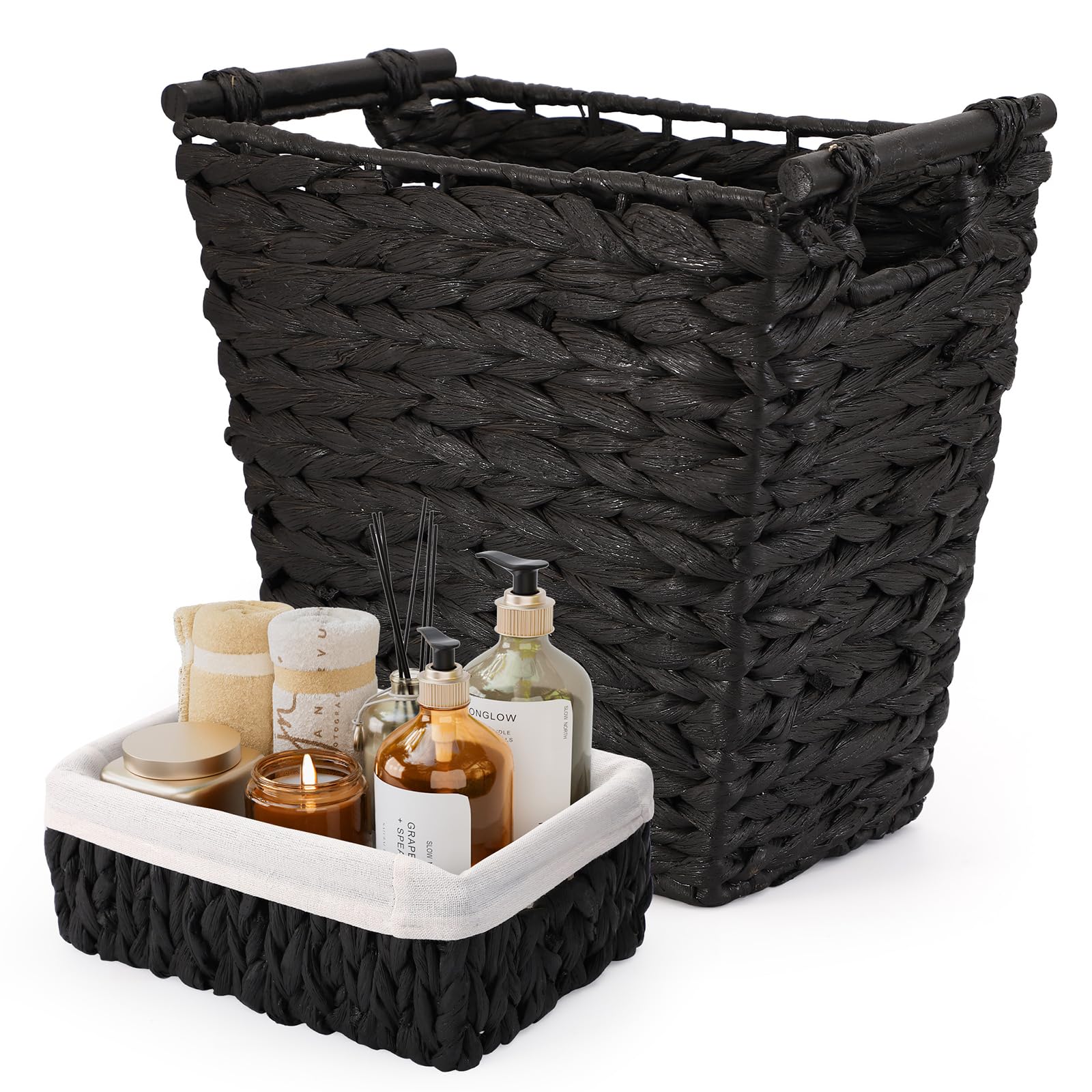 XLHOMO Wicker Storage Basket 3.5Gallon Wicker Trash Can, Waterproof Wicker Basket Handwoven Brown Wicker Basket Narrow Small Trash Can with Wicker Storage Basket for Bathroom, Bedroom, Office