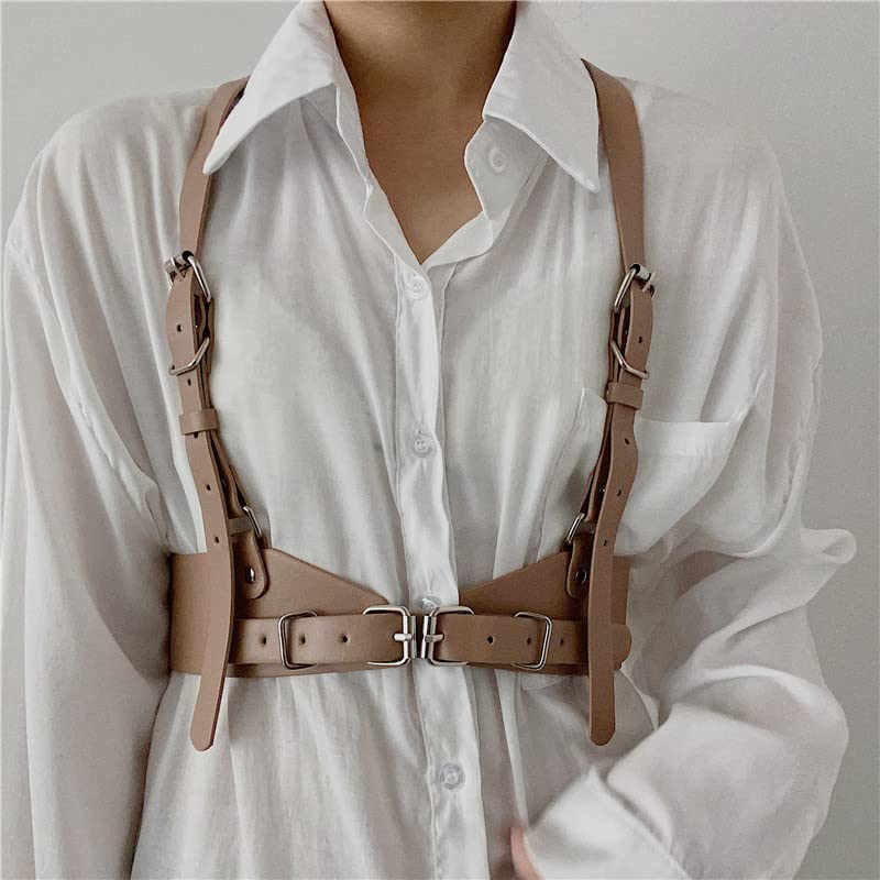 Punk Belly waist body chain black leather goth belt harness for women with strap on plus size BL1 (tan, 26"-33")