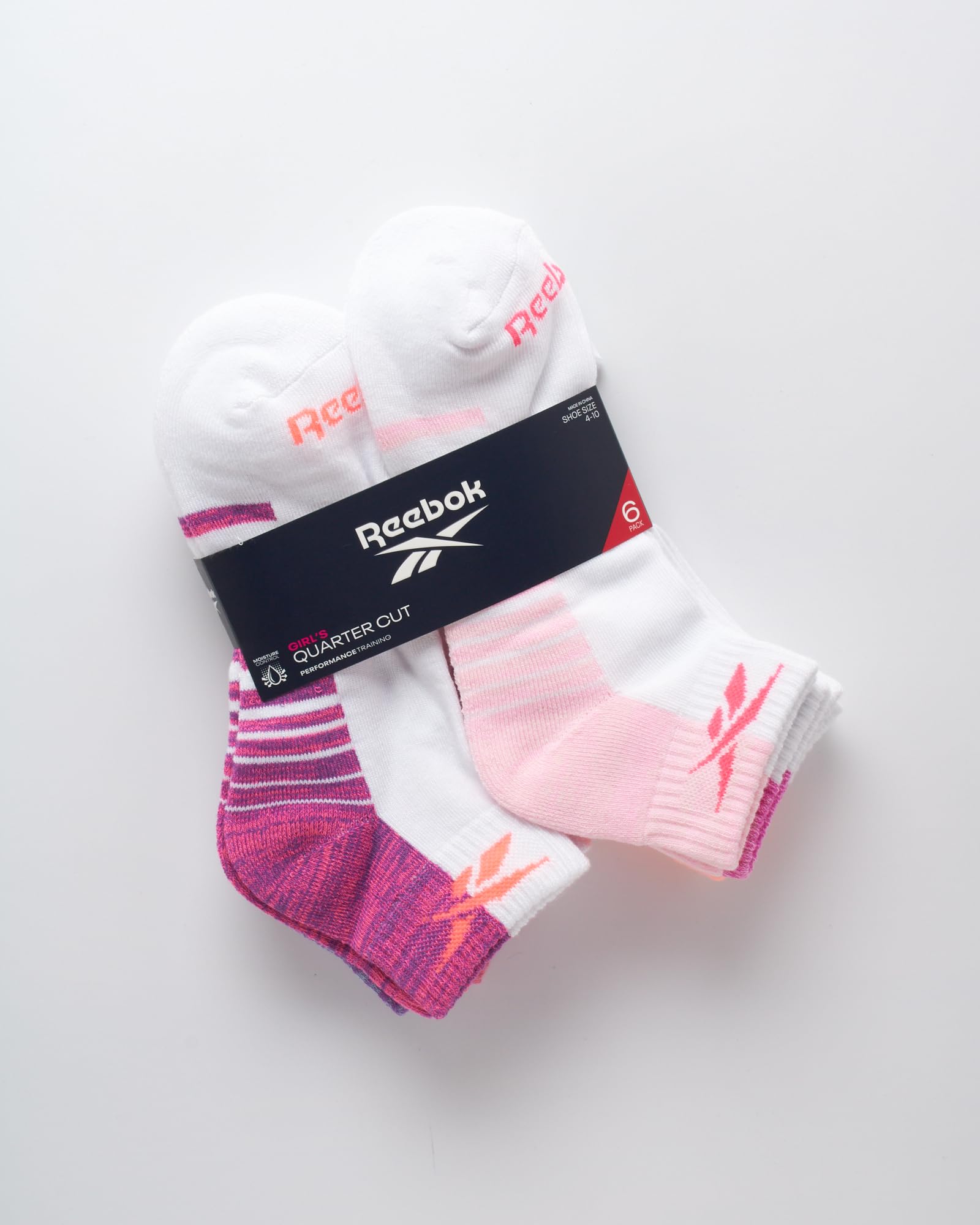 Reebok Girls' Quarter Socks - 6 Pack Performance Cushioned Comfort Quarter Cut Ankle Socks - Athletic Socks for Girls, Size Medium, Black Multi