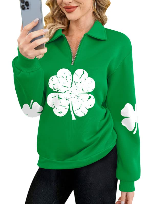 St Patricks Day Sweatshirt Women Long Sleeve Casual Half Zipper Sweatshirt Lapel Clover Pullover Tops Green XL