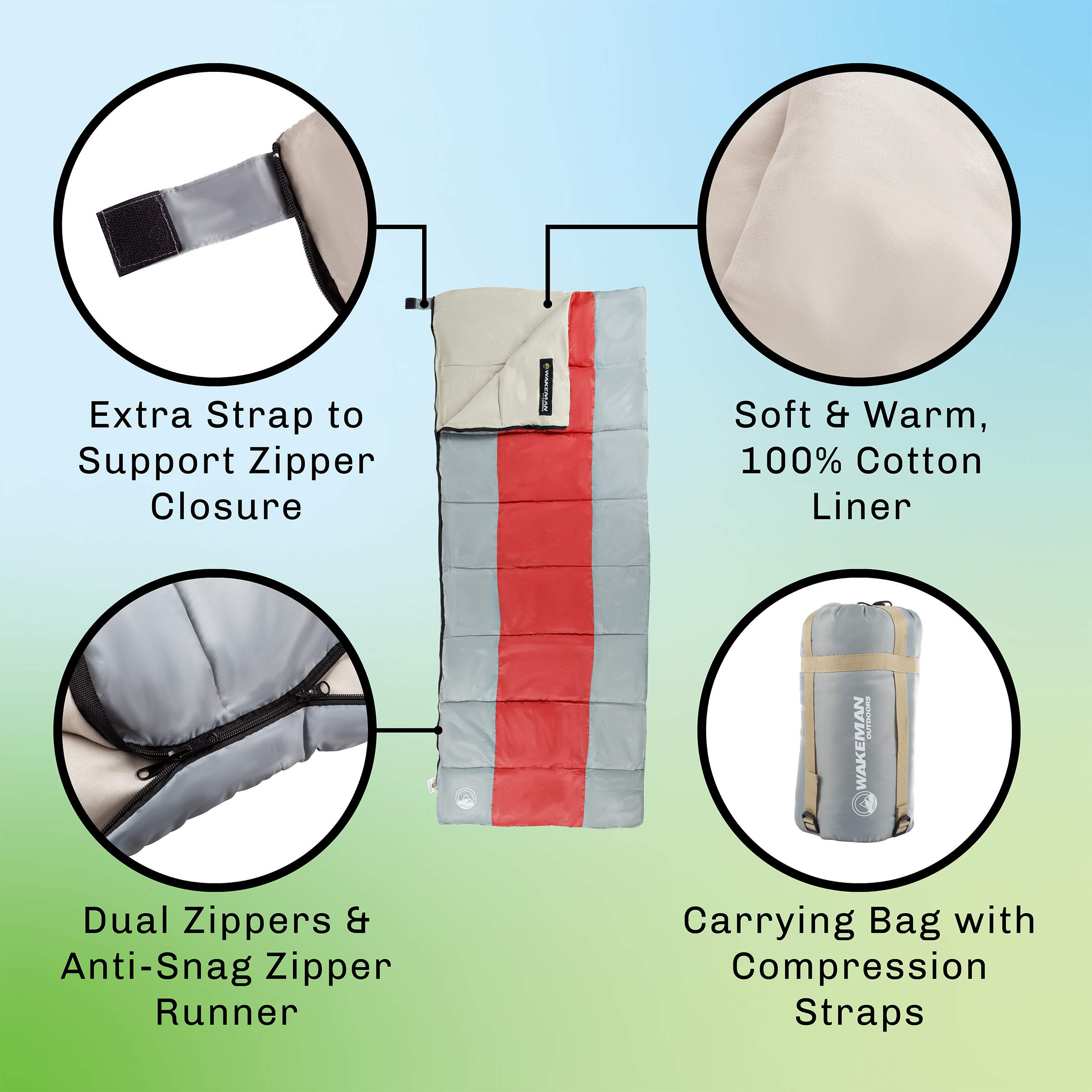 Lightweight Sleeping Bag - Carrying Bag with Compression Straps Included - for Adults, Kids, Camping, Backpacking, and Sleepovers by Wakeman Outdoors