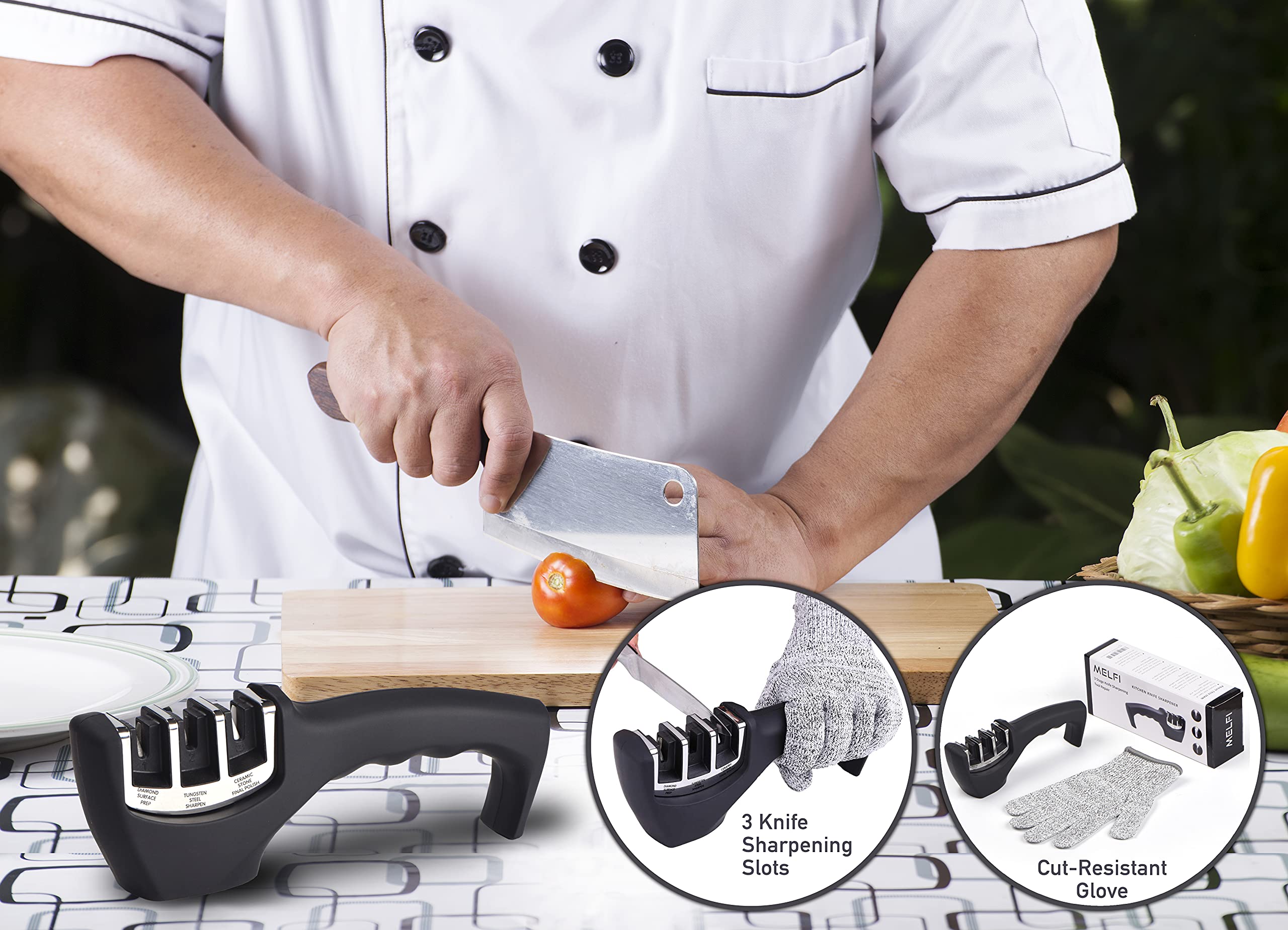 Melfi Premium Knife Sharpener, 3-Stage, Kitchen Knife Accessories, Helps Repair, Polish & Restore, Handled, Cut Resistant Glove